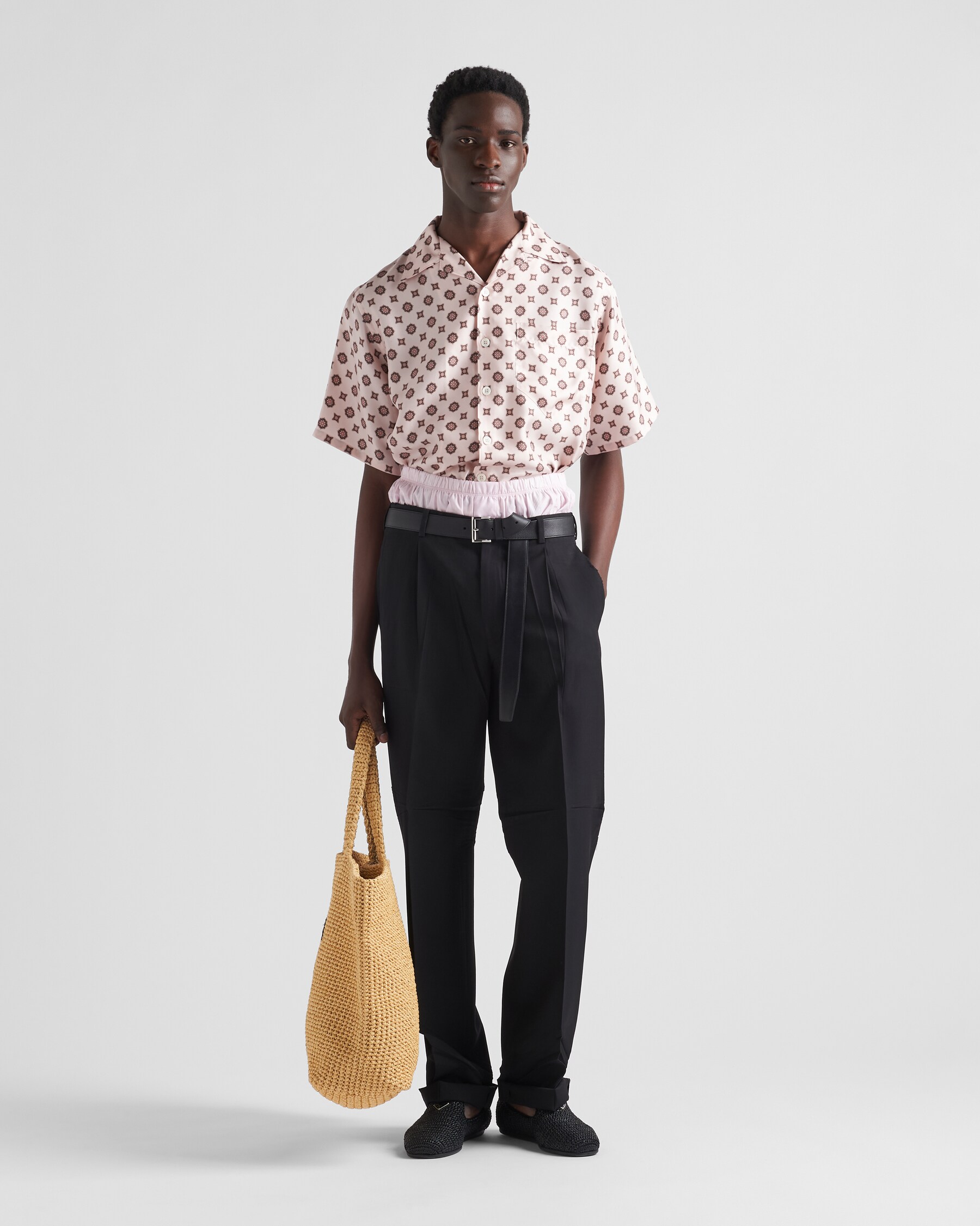 Alabaster Pink Short-sleeved Printed Silk Shirt | PRADA