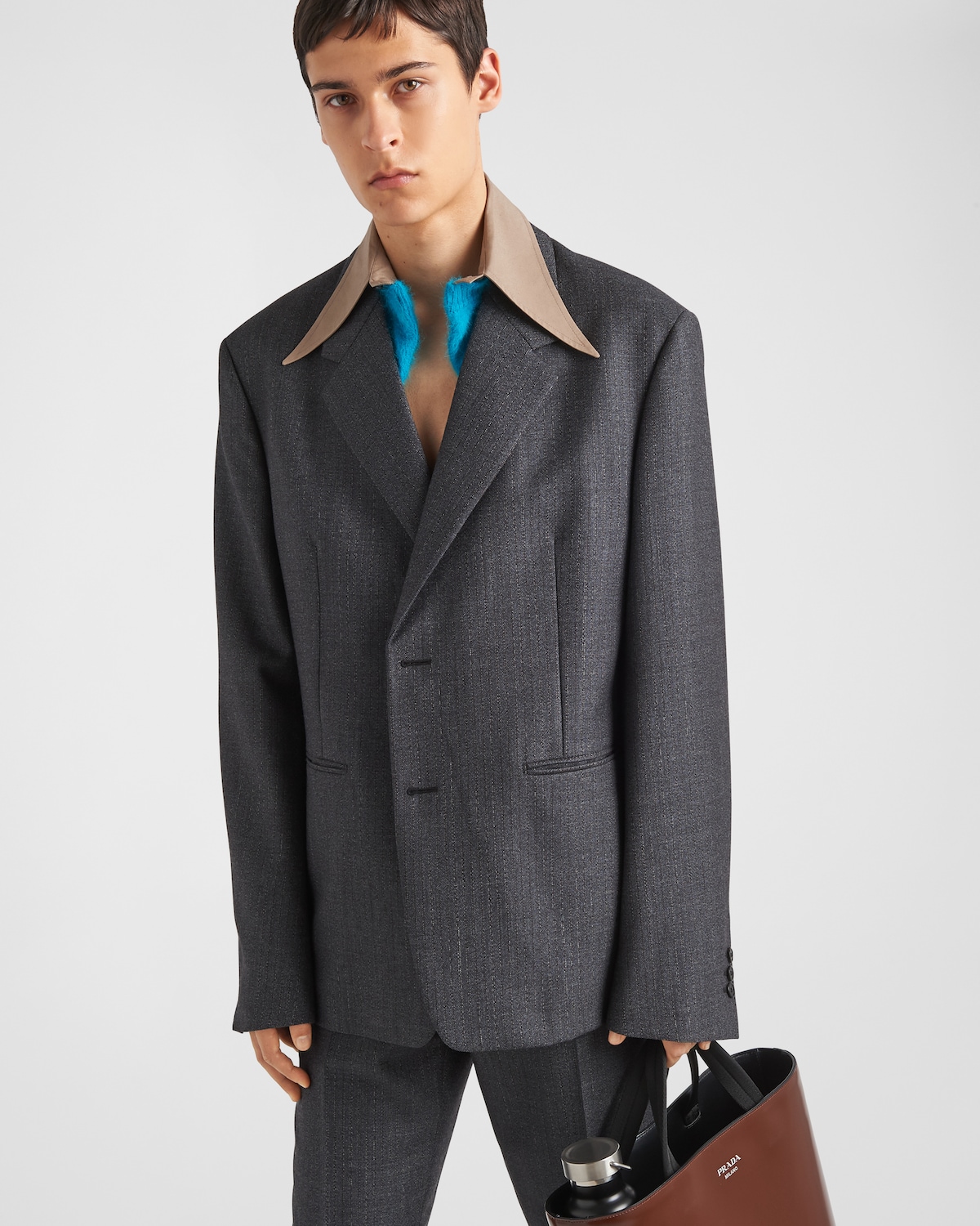 Anthracite Gray Single-breasted Wool Jacket With Collar | PRADA
