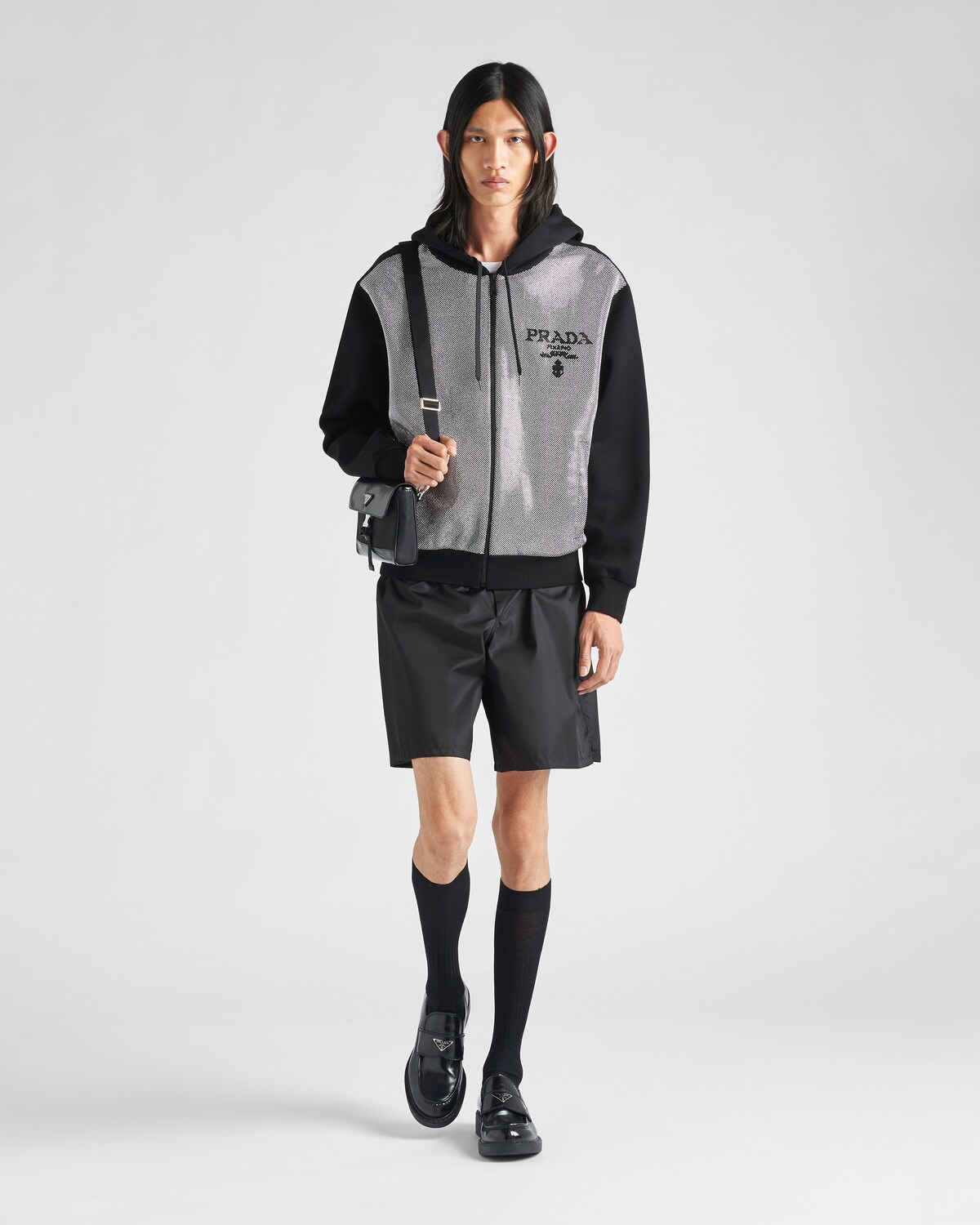 Black Studded Technical Fabric Hoodie | PRADA