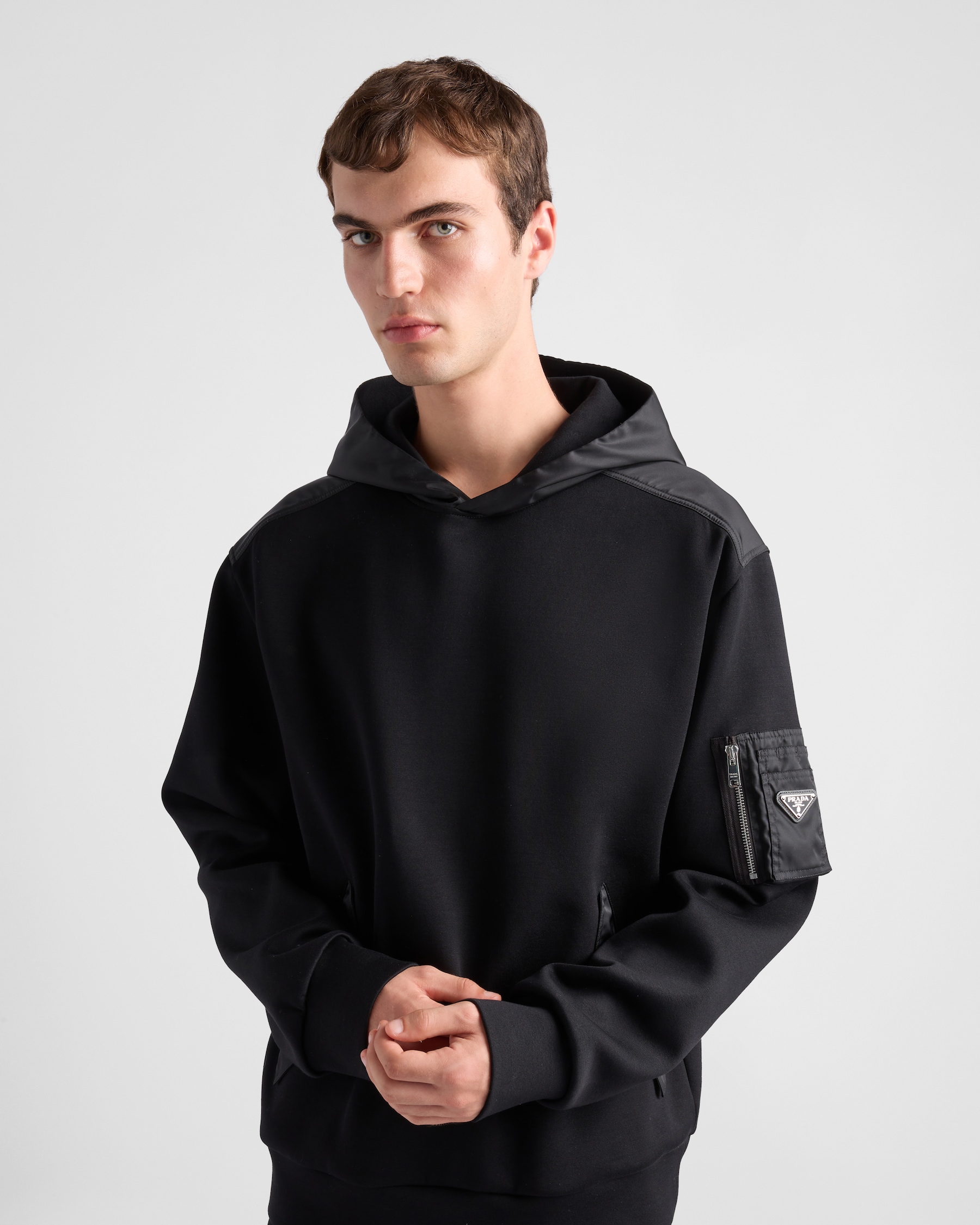 Black/black Cotton Fleece And Re-nylon Hoodie | PRADA