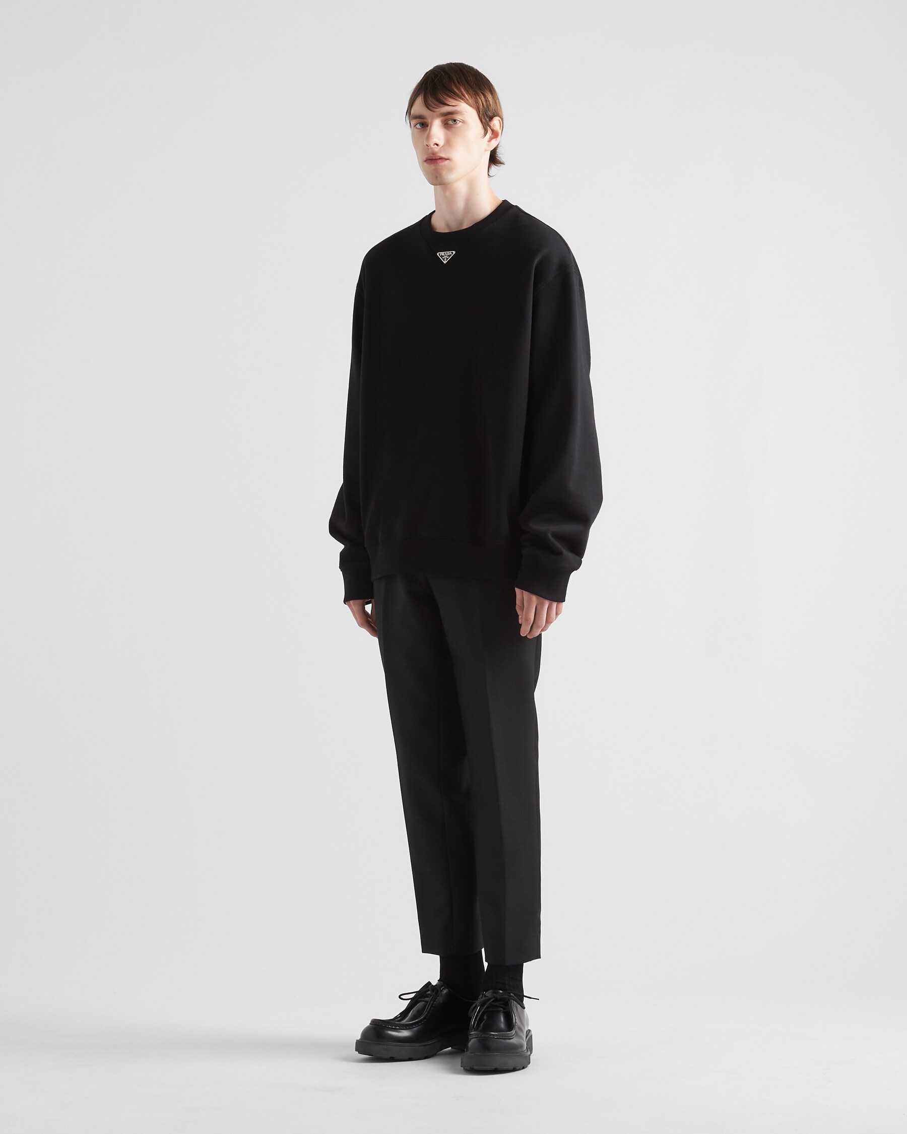 Black Oversized Cotton Sweatshirt With Triangle Logo | PRADA