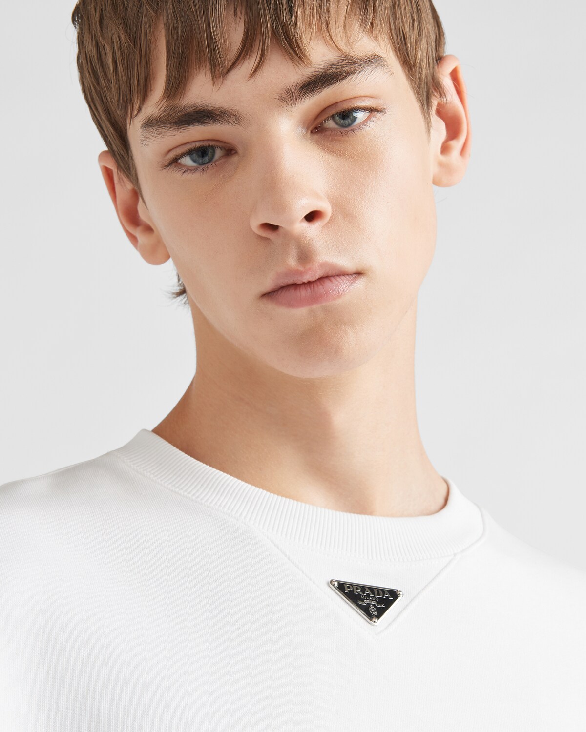 White Oversized Cotton Sweatshirt With Triangle Logo | PRADA