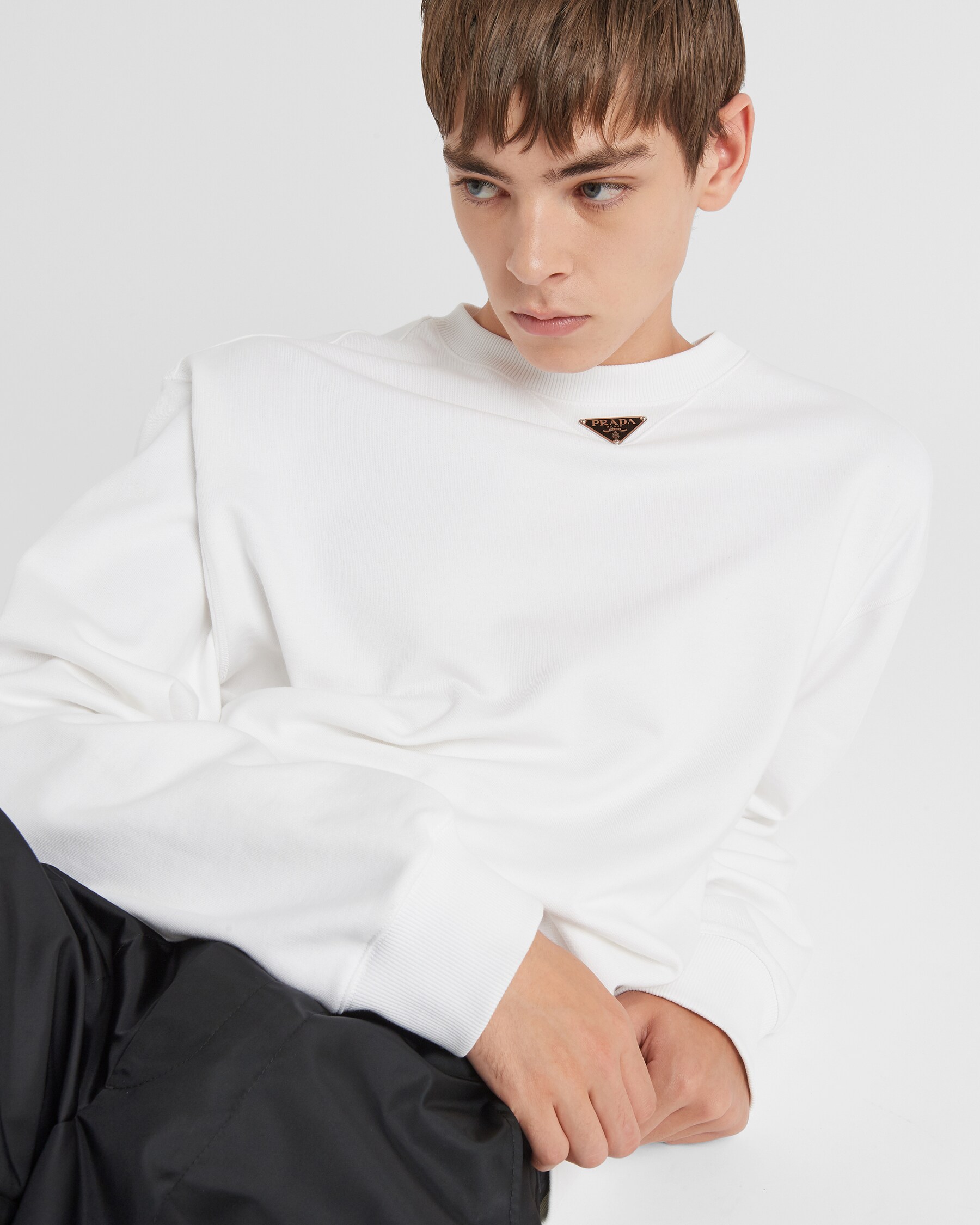 White Oversized Cotton Sweatshirt With Triangle Logo | PRADA