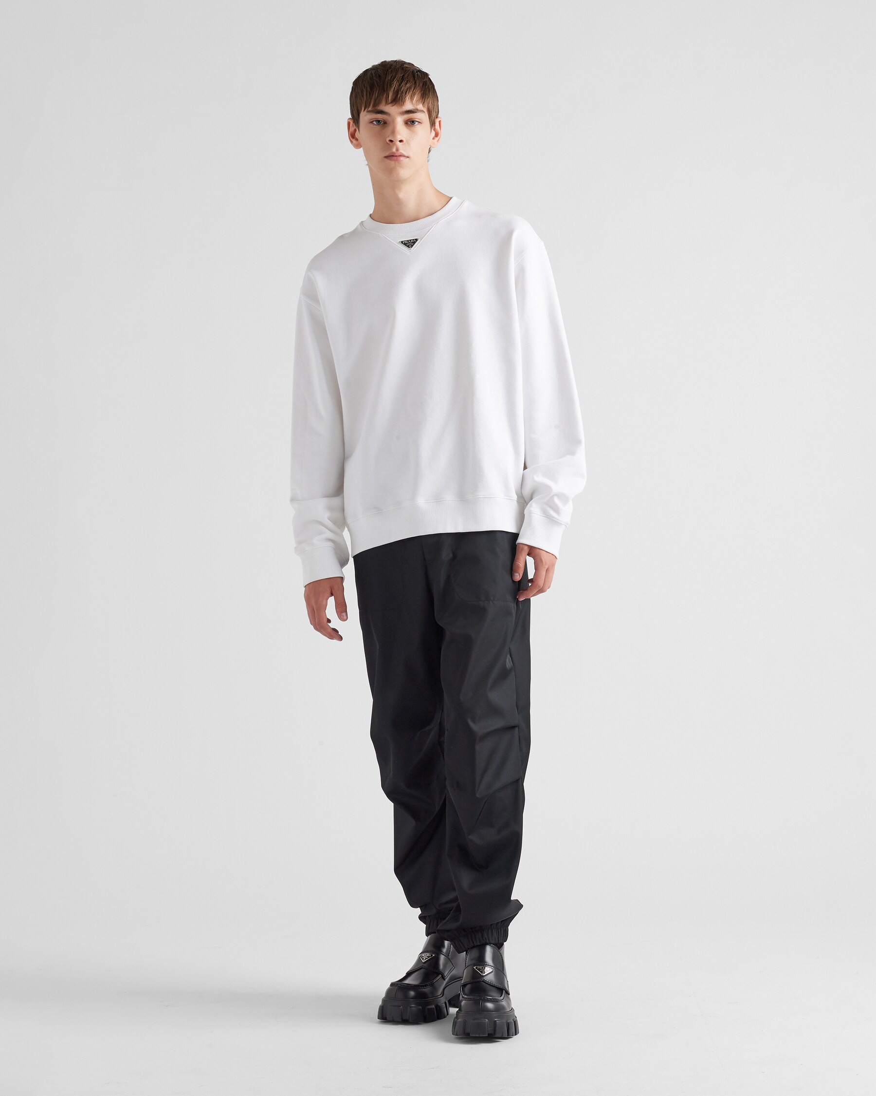 White Oversized Cotton Sweatshirt With Triangle Logo | PRADA