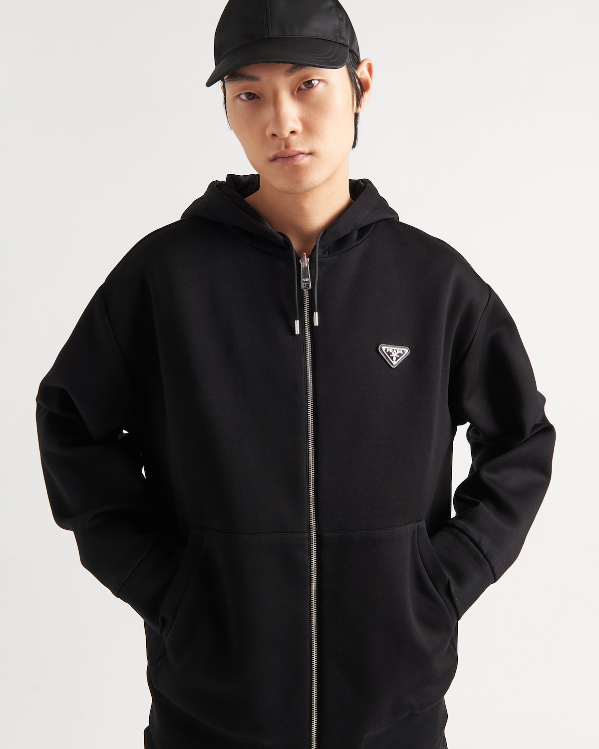Black/black Reversible Cotton Fleece And Re-nylon Hoodie | PRADA