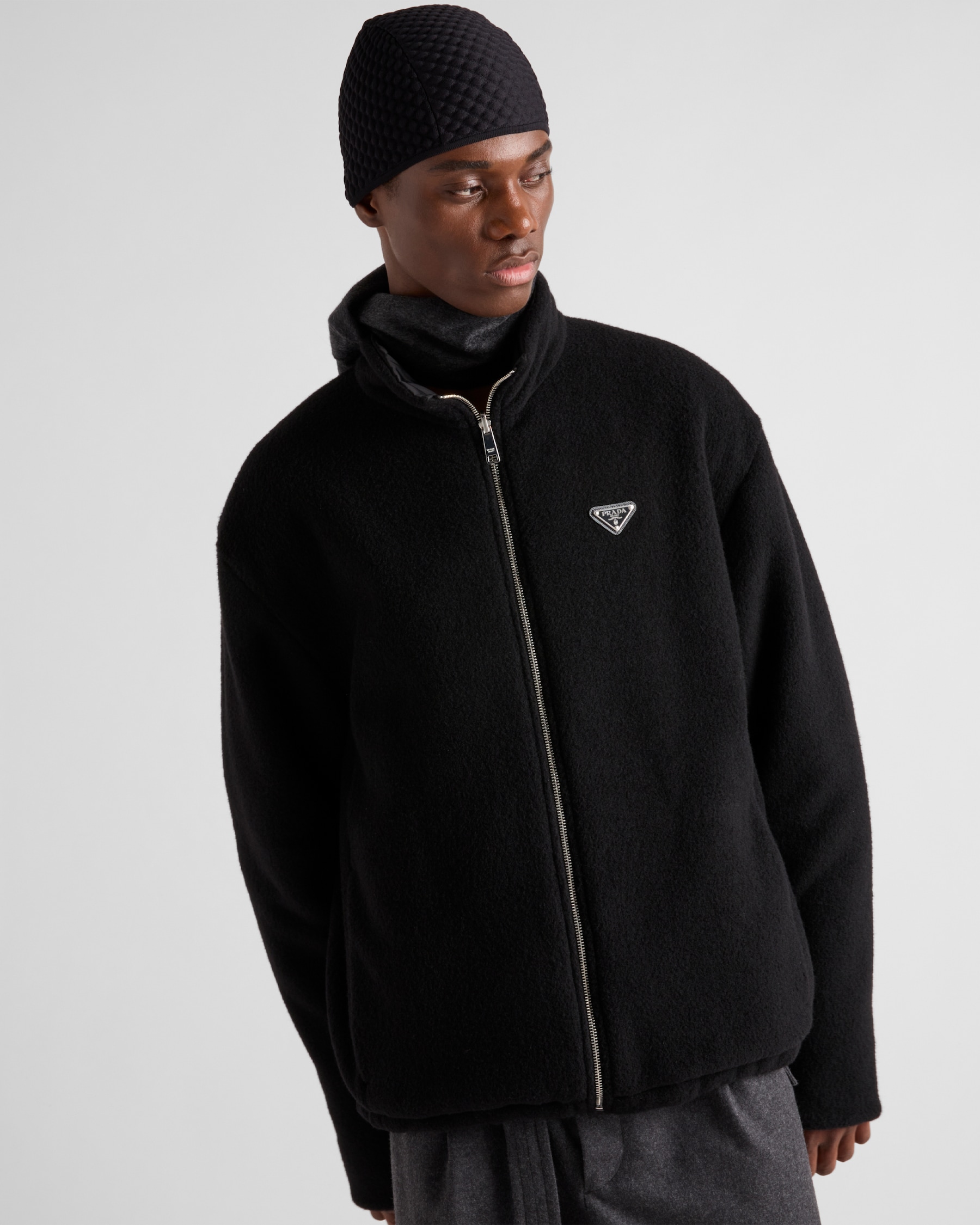 Black/black Reversible Fleece And Cashmere Blend Cardigan | PRADA ...