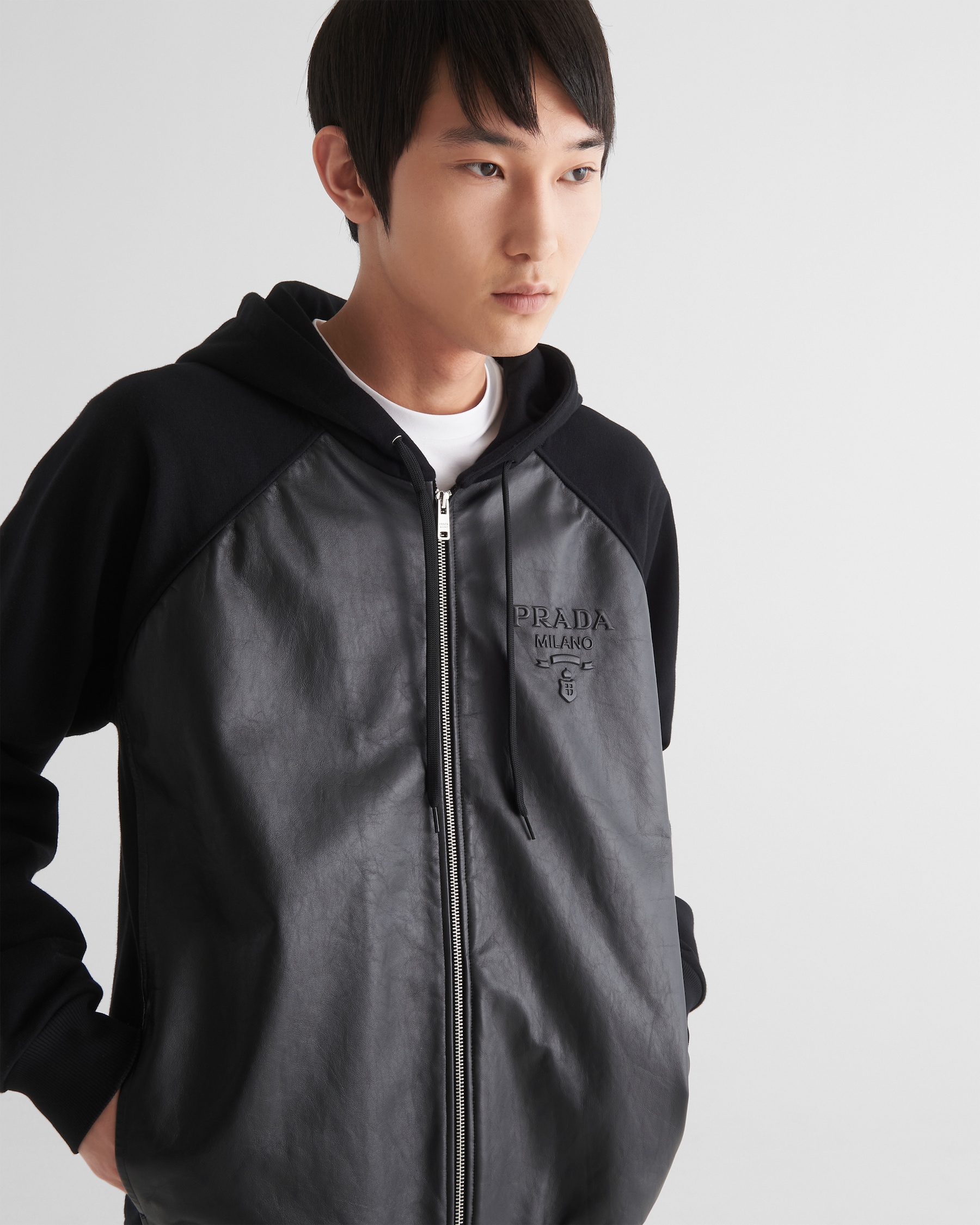 Black Technical Fleece And Leather Hoodie Jacket | PRADA