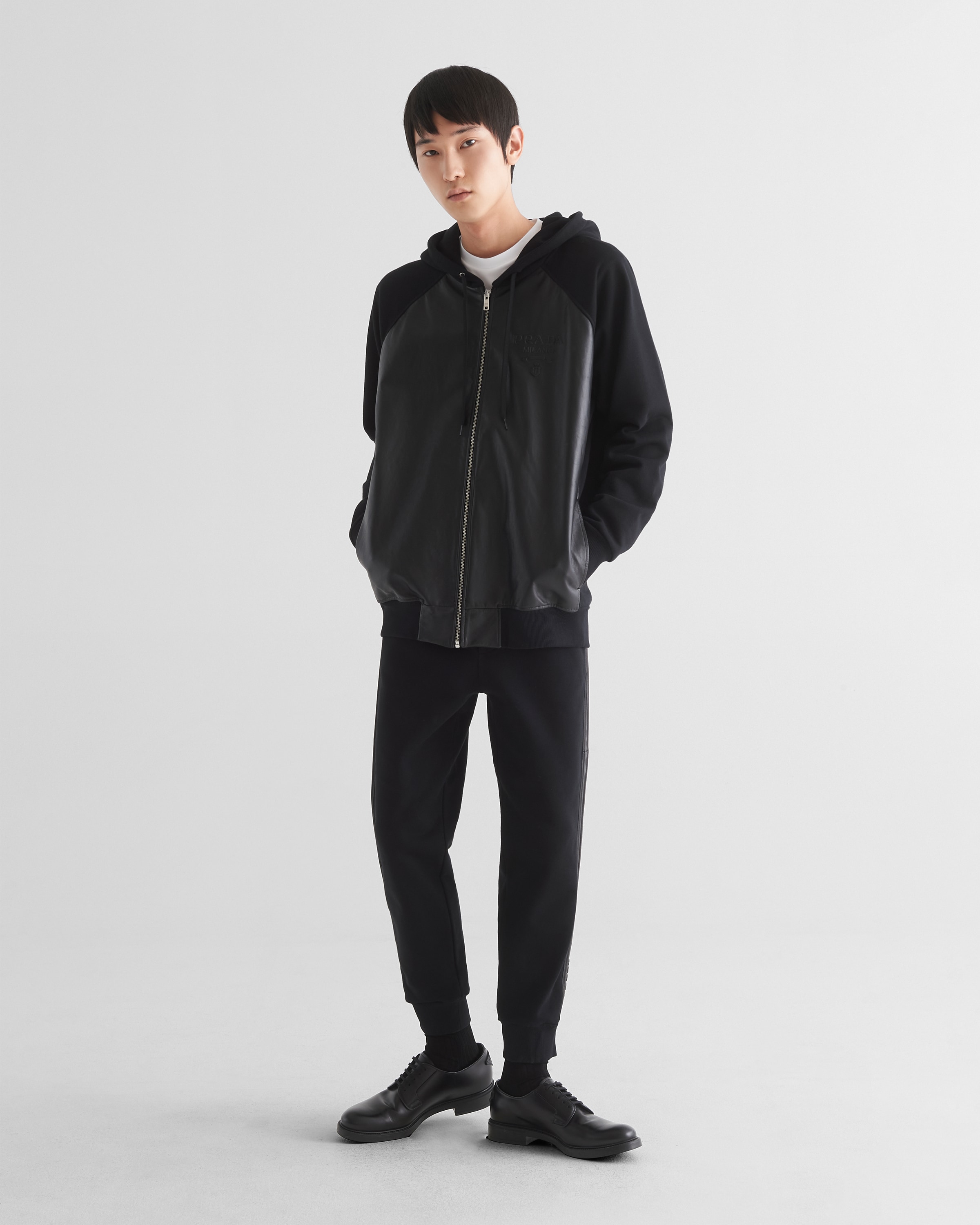 Black Technical fleece and leather hoodie jacket | Prada