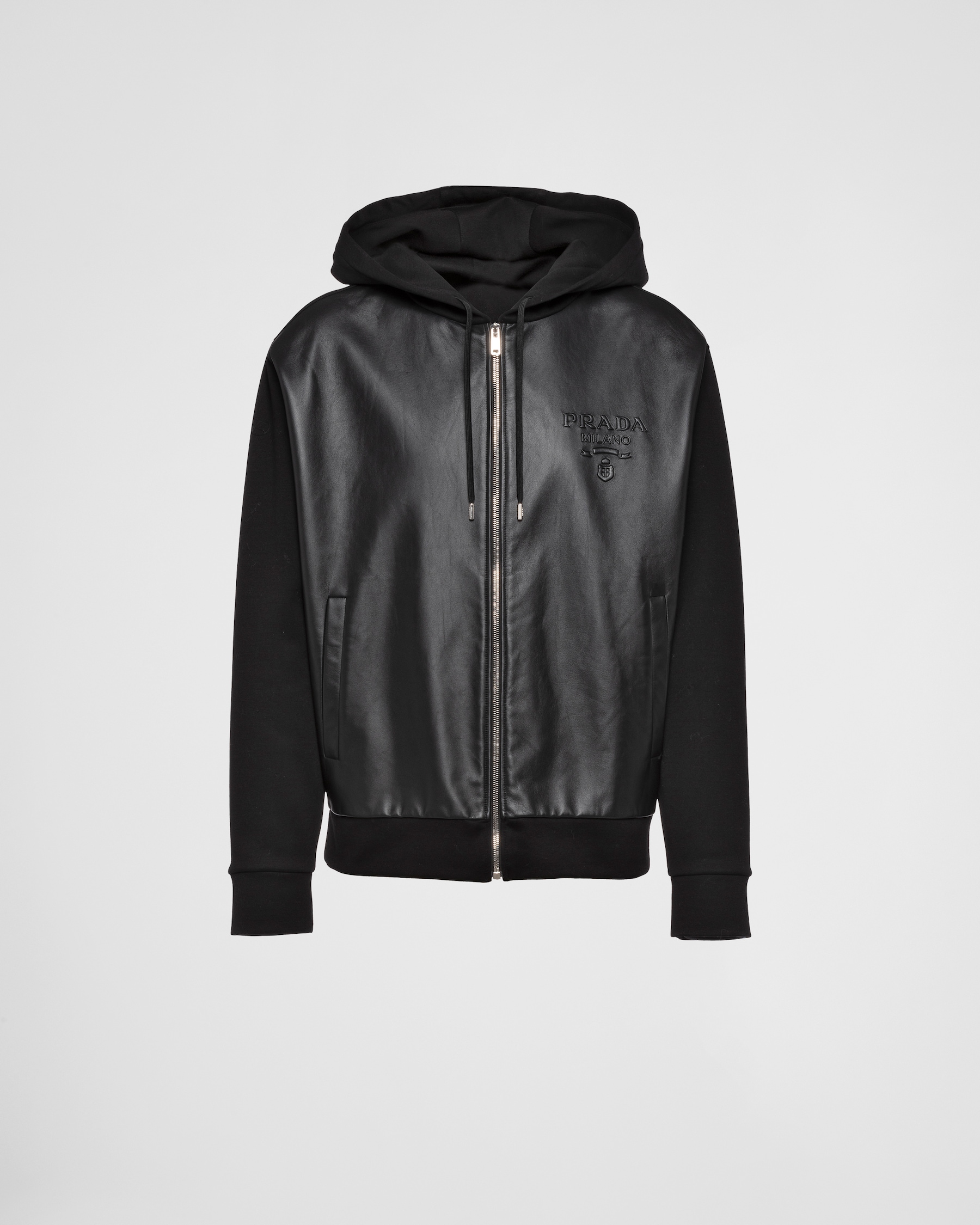 Black Technical Fleece And Leather Hoodie Jacket | PRADA