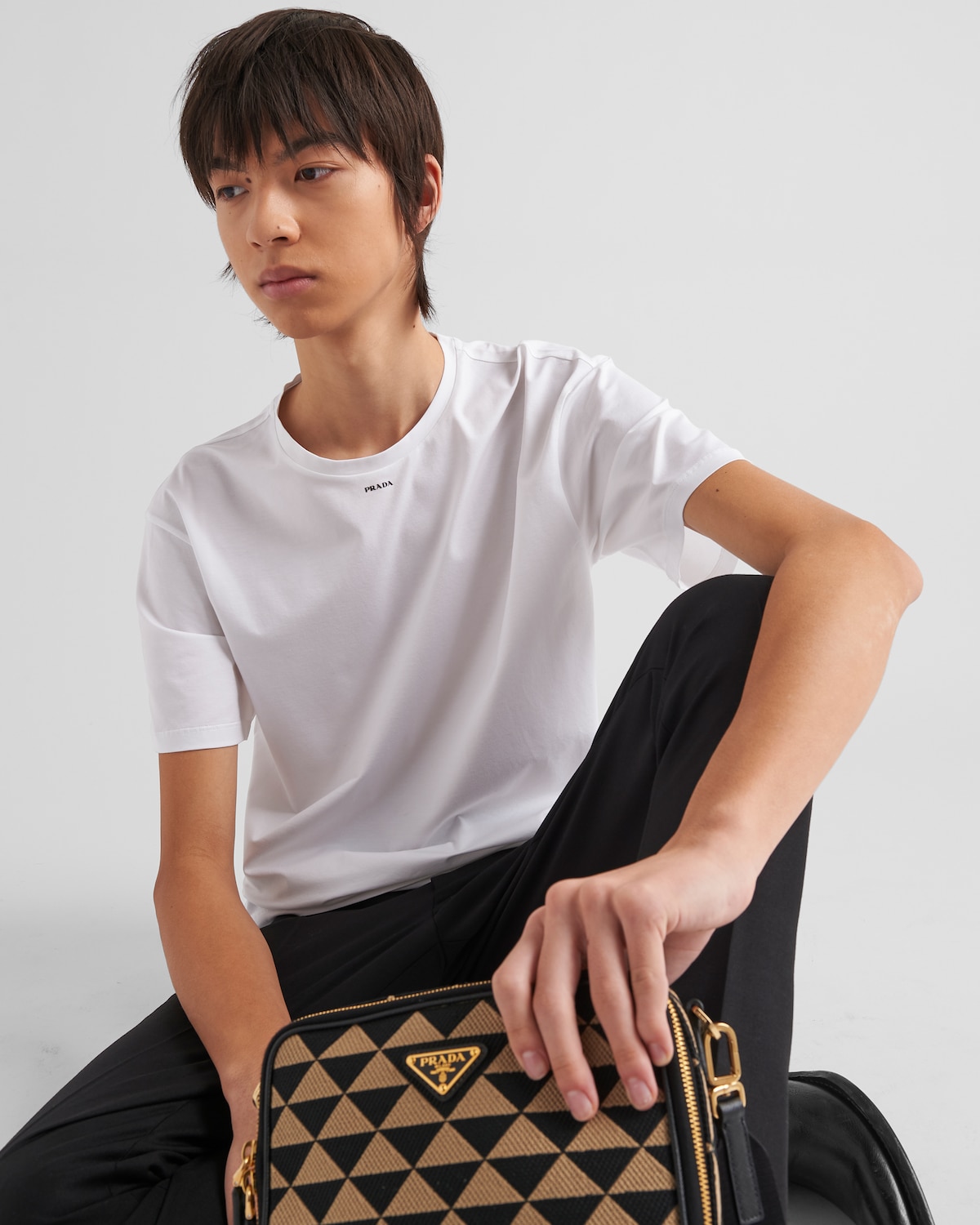 White Stretch Cotton T-shirt With Logo | PRADA