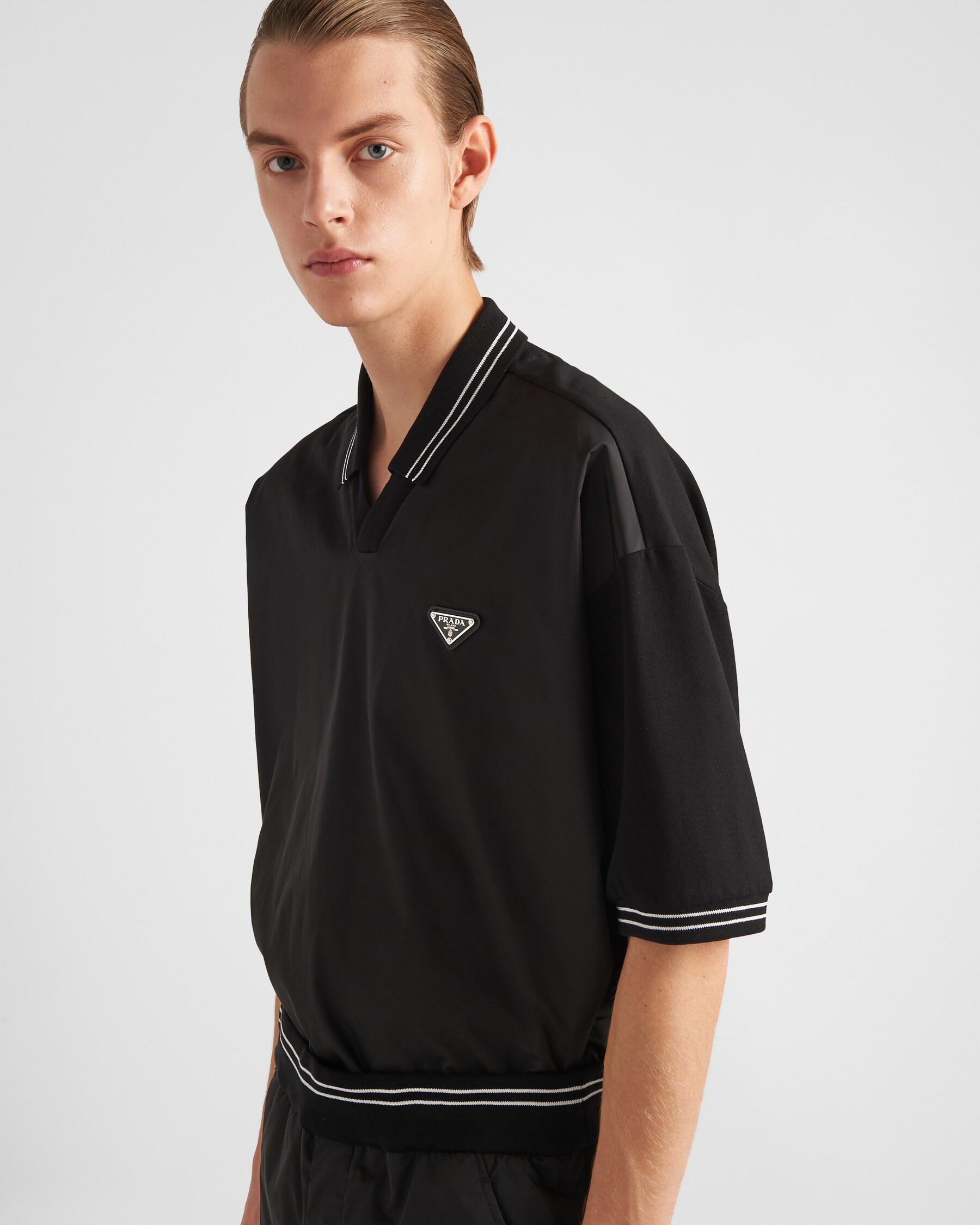 Black/black Piqué Polo Shirt With Re-nylon Detail | PRADA