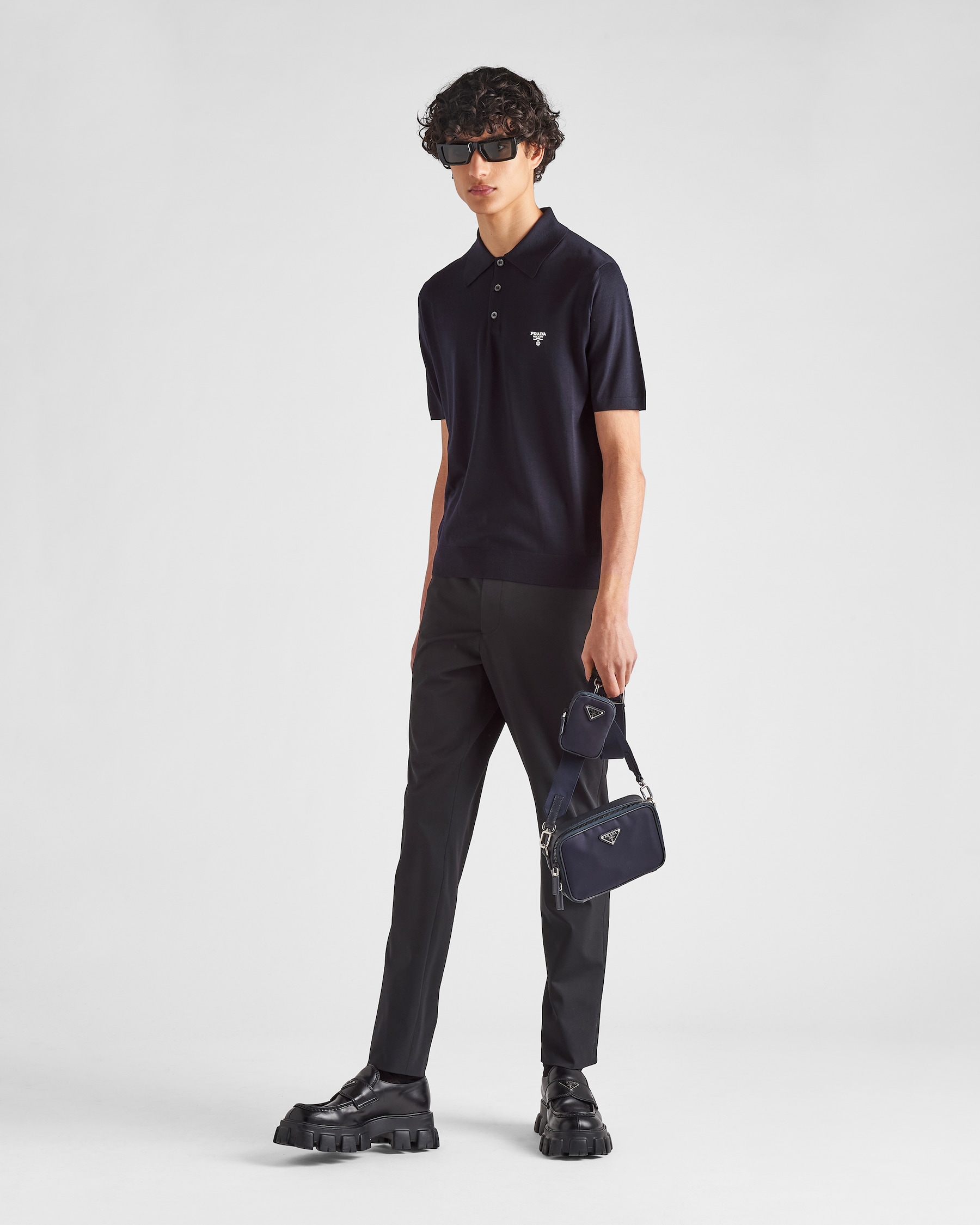 Navy Superfine Wool Polo Shirt | PRADA - United States