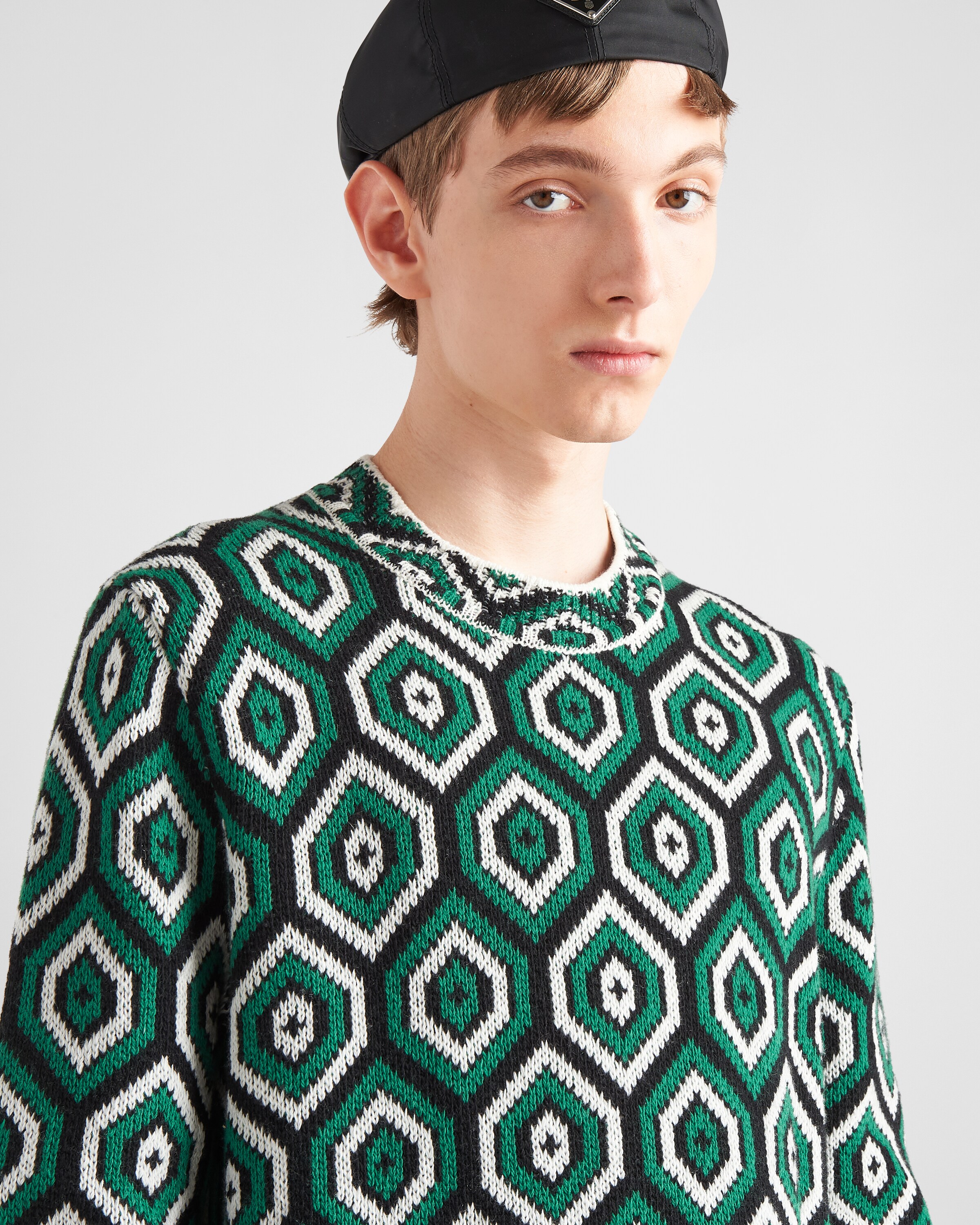 울 및 캐시미어 자카드 스웨터 화이트/론 그린 | Prada