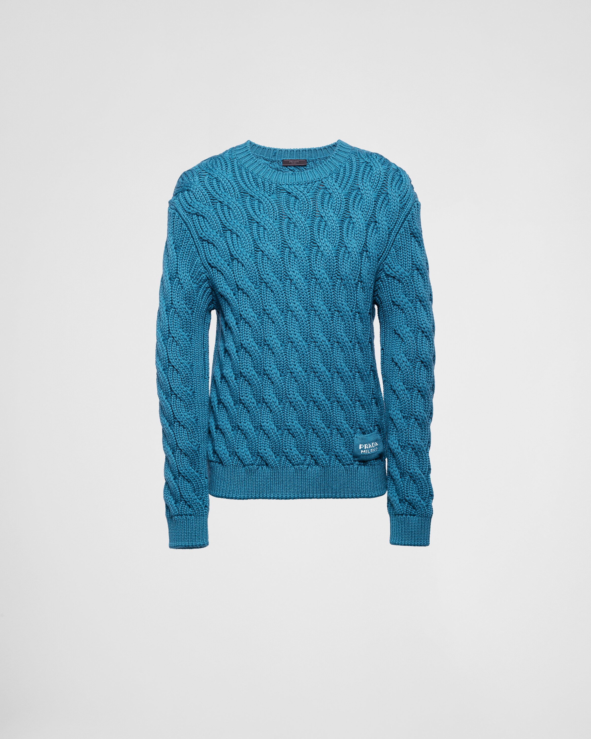 Dunkles Blaugrün/astralblau Pullover aus Wolle mit Zopfmuster | Prada