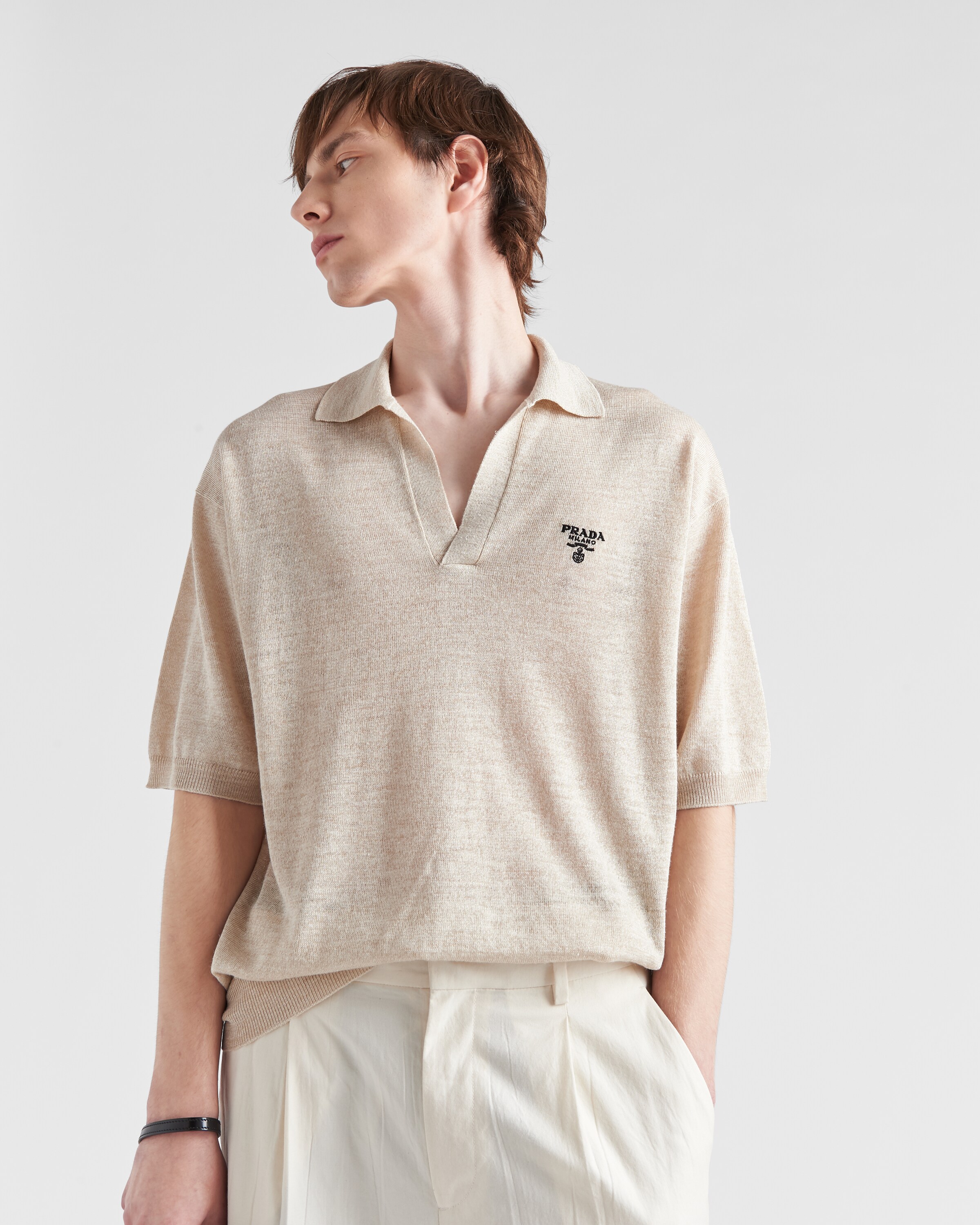 Ivory Silk and linen polo shirt | Prada