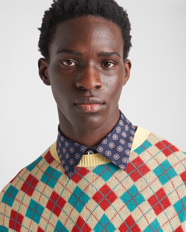 Pollen Yellow Cotton Crew-neck Sweater With Diamond Motif | PRADA