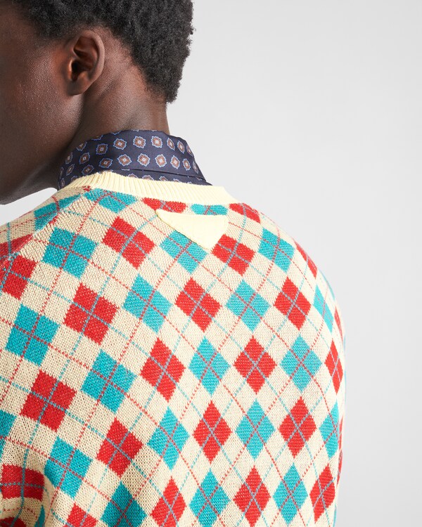 Pollen Yellow Cotton Crew-neck Sweater With Diamond Motif | PRADA