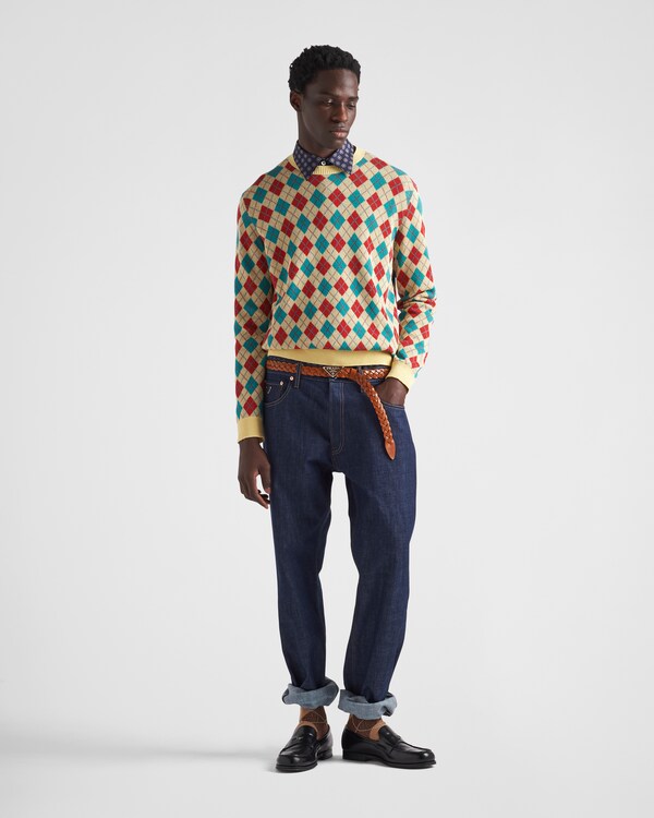 Pollen Yellow Cotton Crew-neck Sweater With Diamond Motif | PRADA