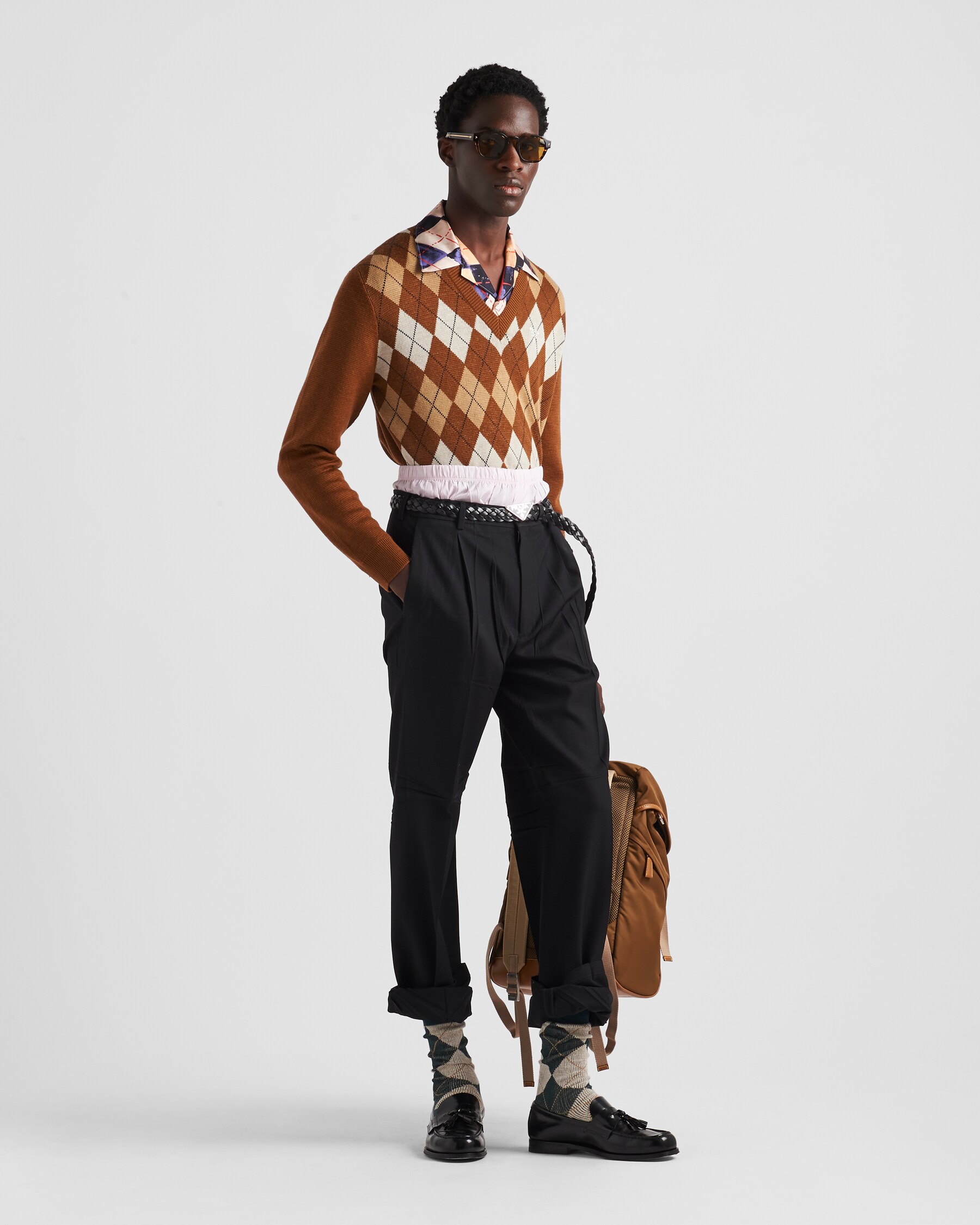 Tobacco Wool Sweater With An Argyle Pattern | PRADA