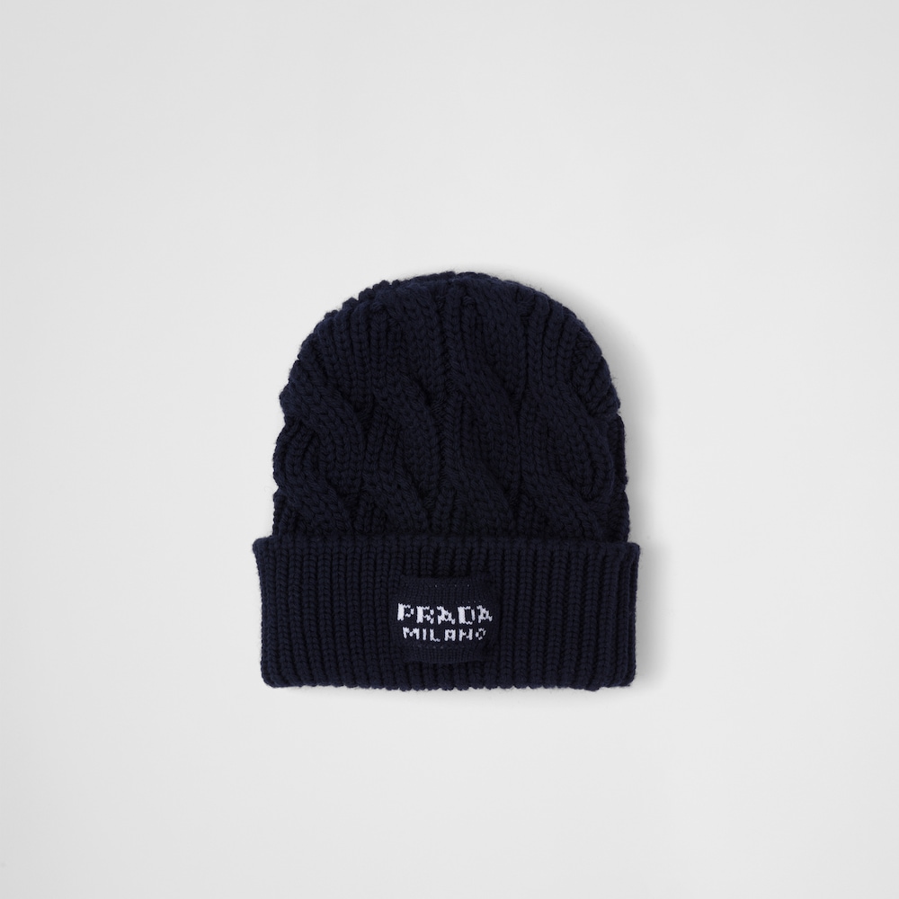 Navy Cable-knit wool beanie | Prada