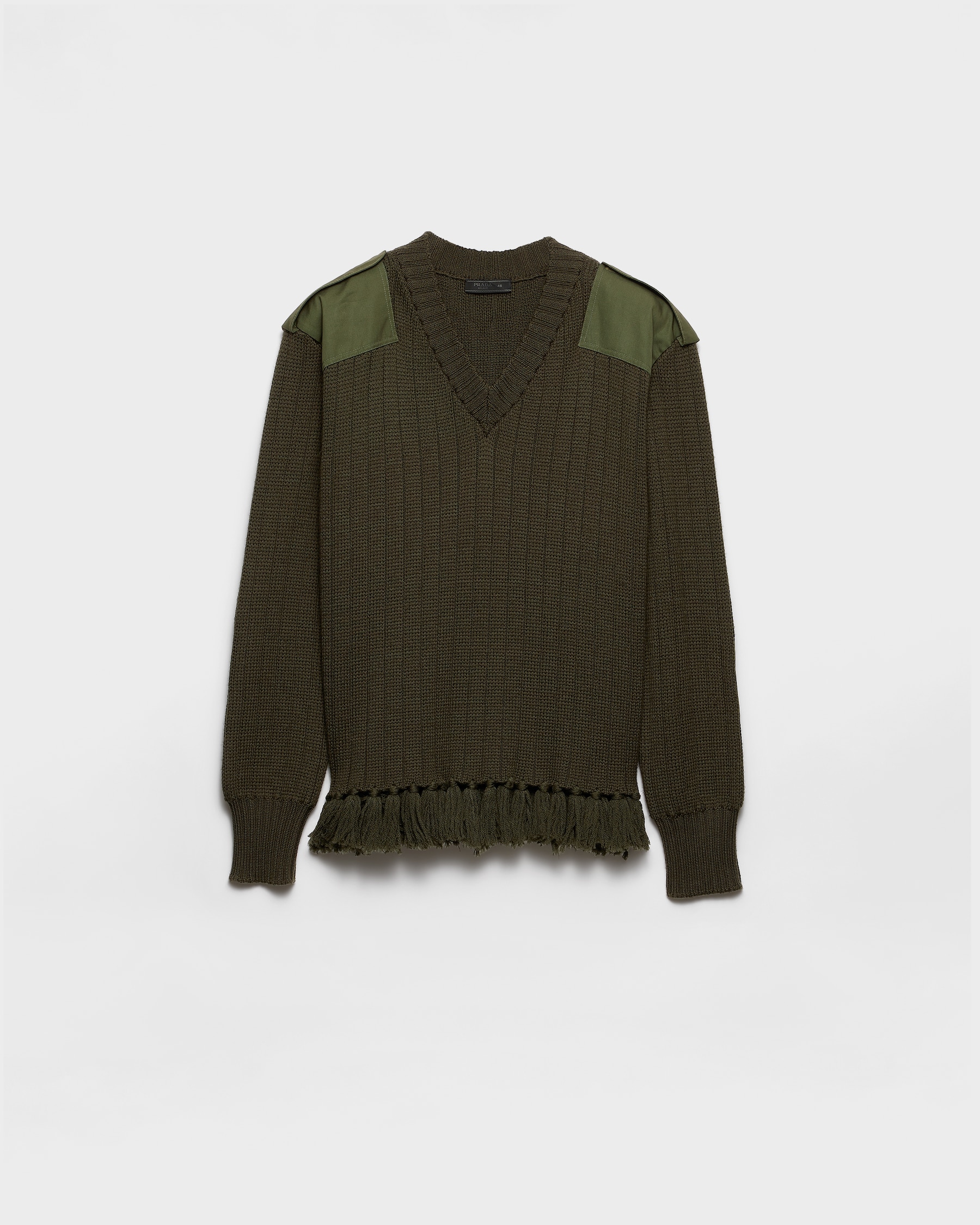 Pull En Laine à Franges Vert Militaire | PRADA