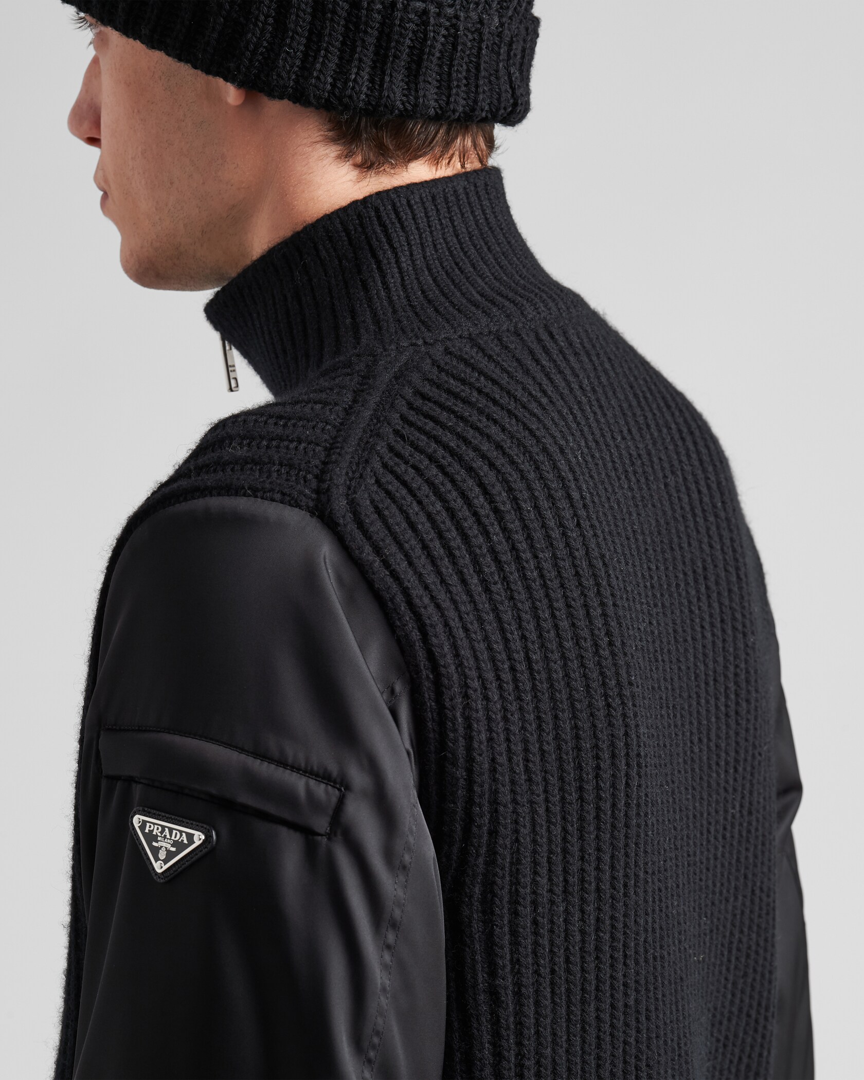 Black Reversible Cashmere And Re-nylon Cardigan | PRADA