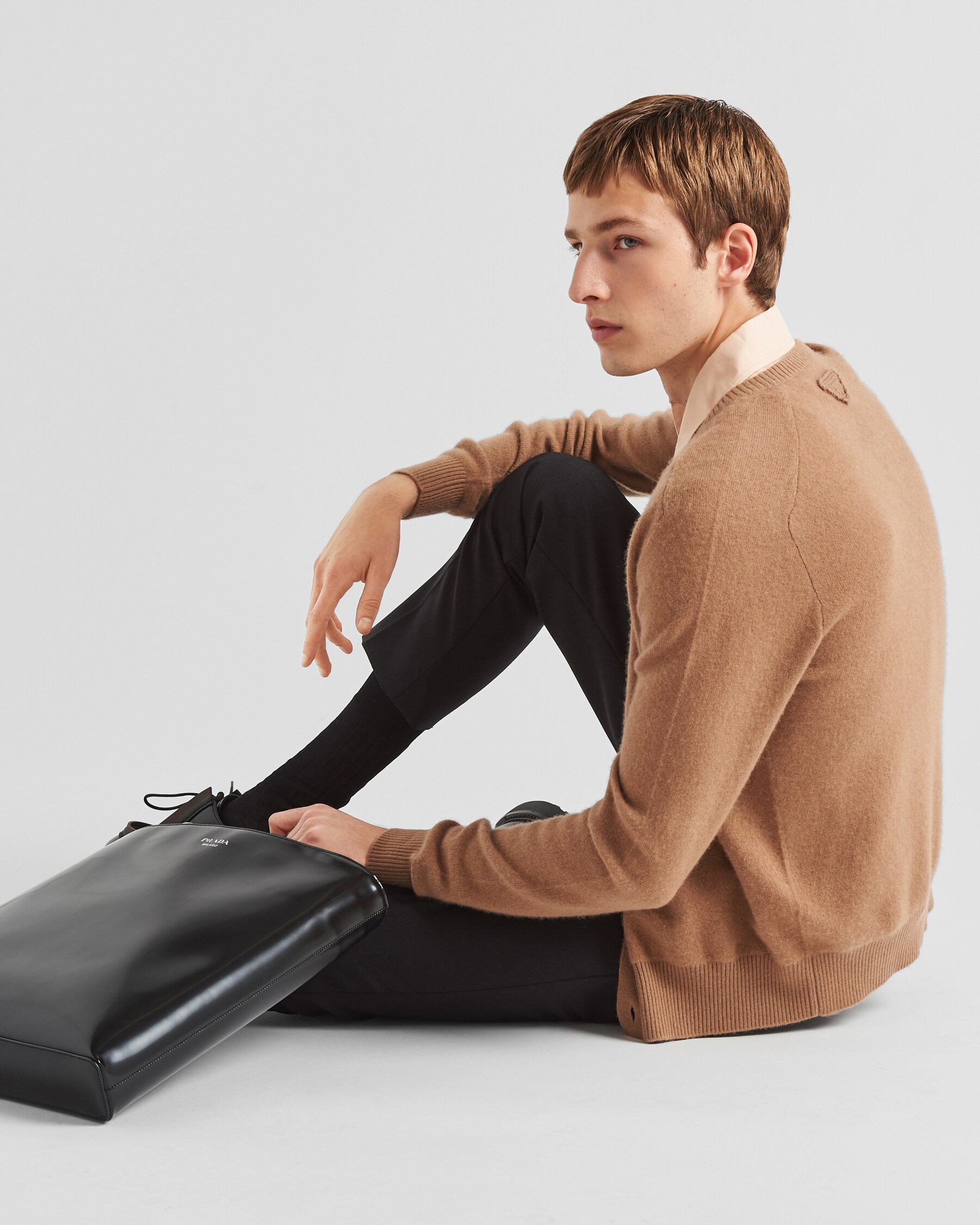 Camel Brown Cashmere Cardigan With Collar | PRADA