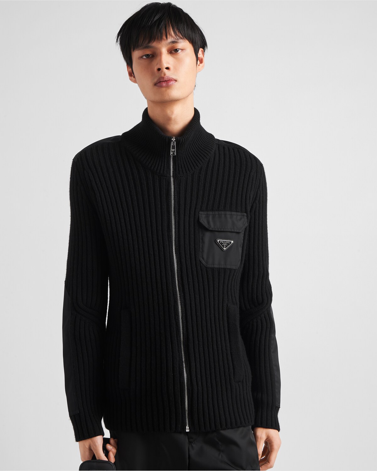 Black Wool And Cashmere Cardigan With Re-nylon Details | PRADA