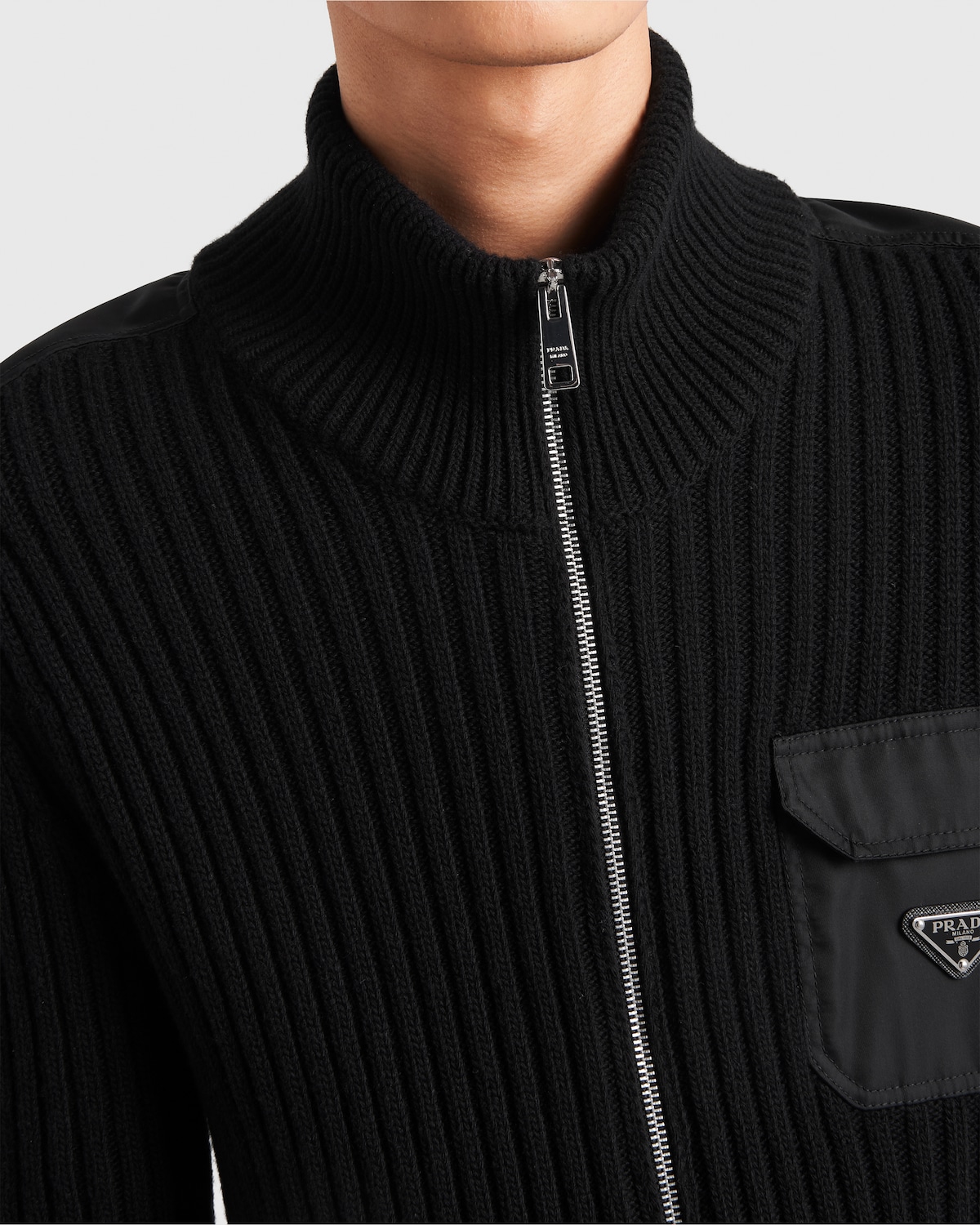 Black Wool And Cashmere Cardigan With Re-nylon Details | PRADA