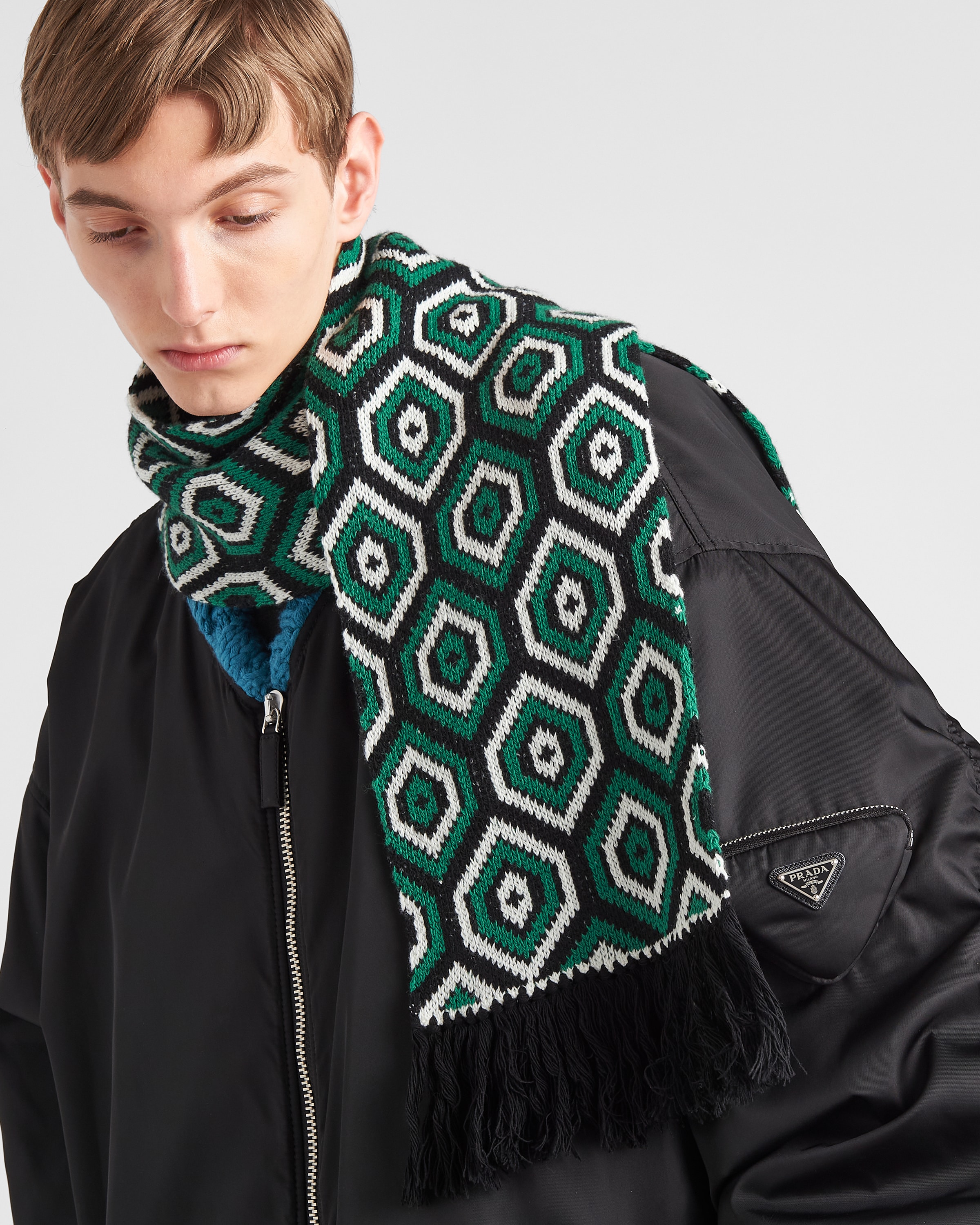 White/lawn Green Wool and cashmere jacquard scarf | Prada