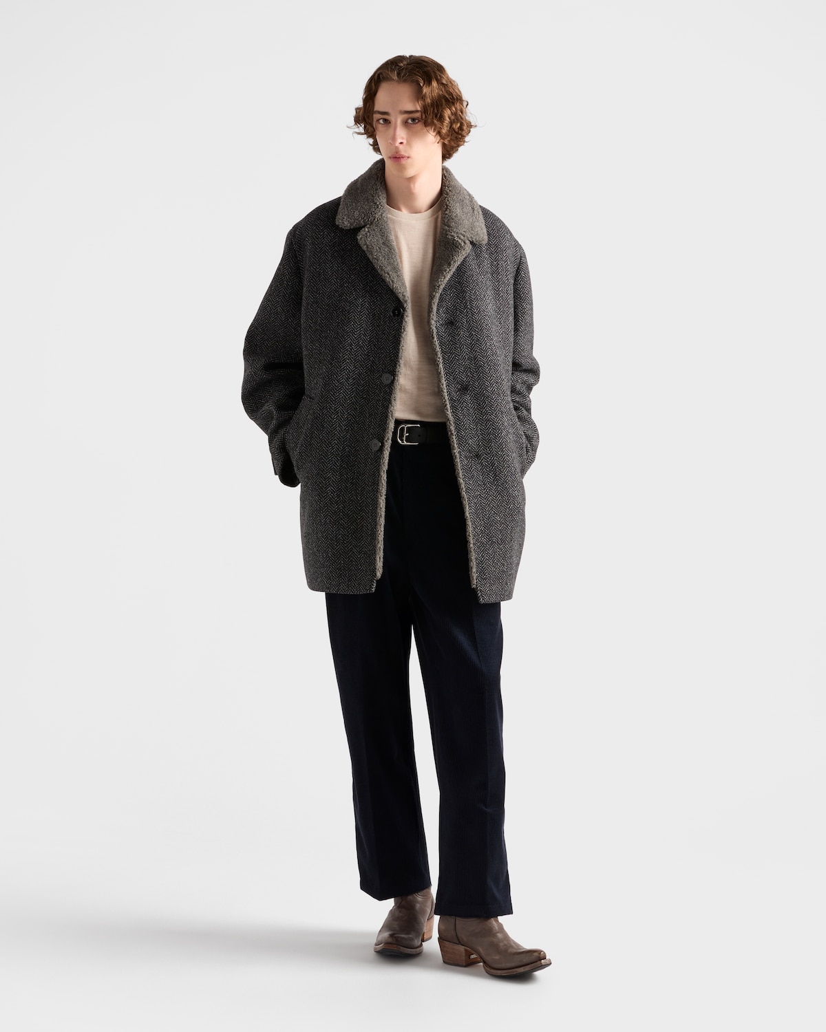 蓝色 羊绒和棉质灯芯绒质感长裤 | PRADA - 中国