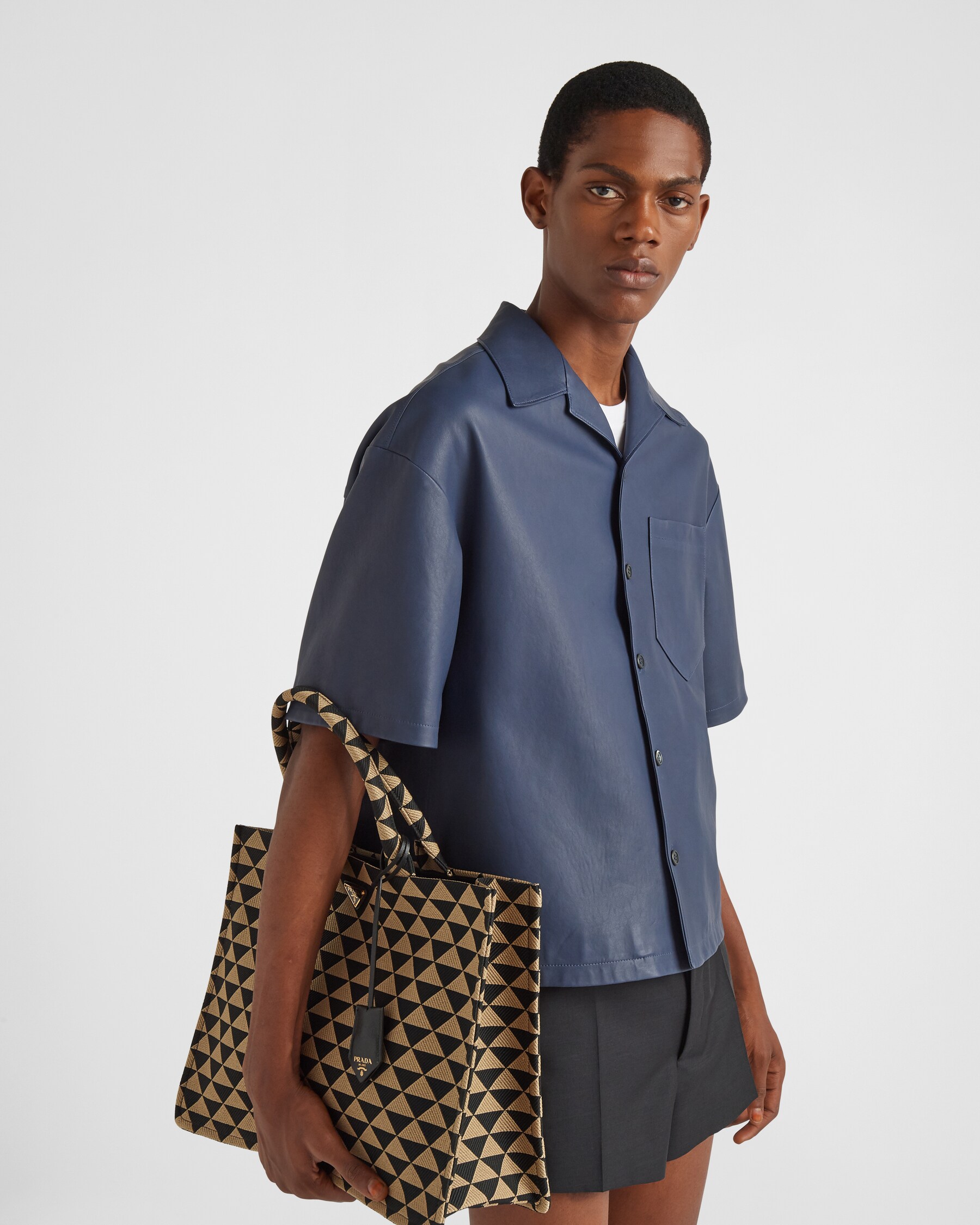 Aviation Blue Nappa Leather Shirt | PRADA