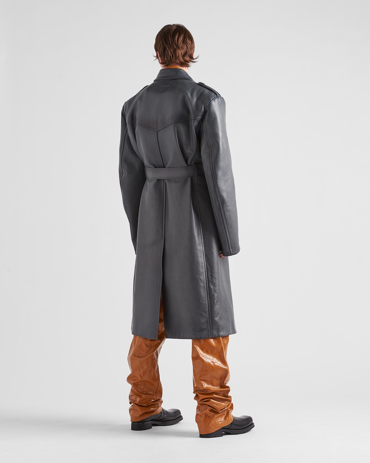 Anthracite Gray Oversized Double-breasted Leather Trench Coat | PRADA