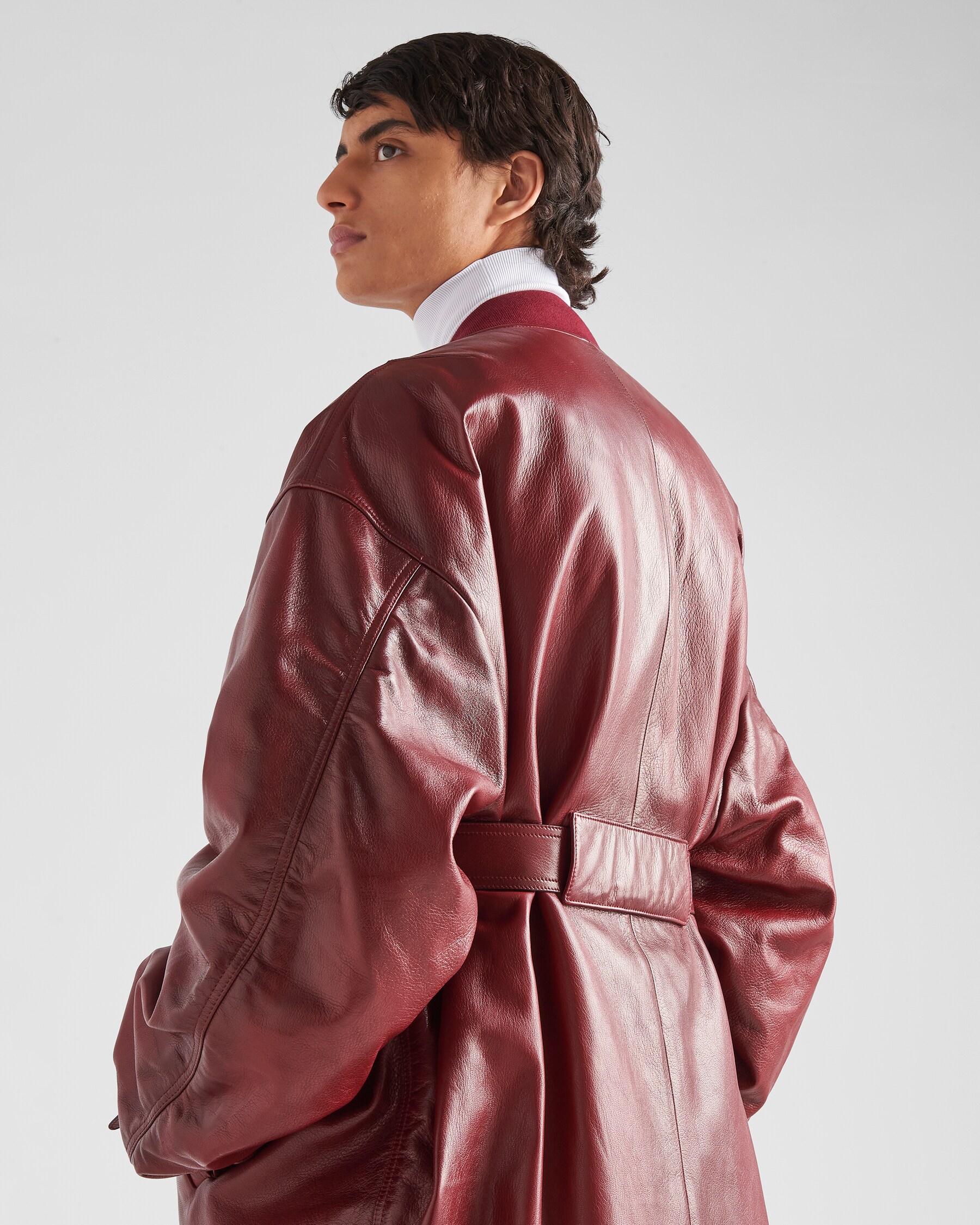 Ruby Red Oversized Leather Bomber Jacket | PRADA