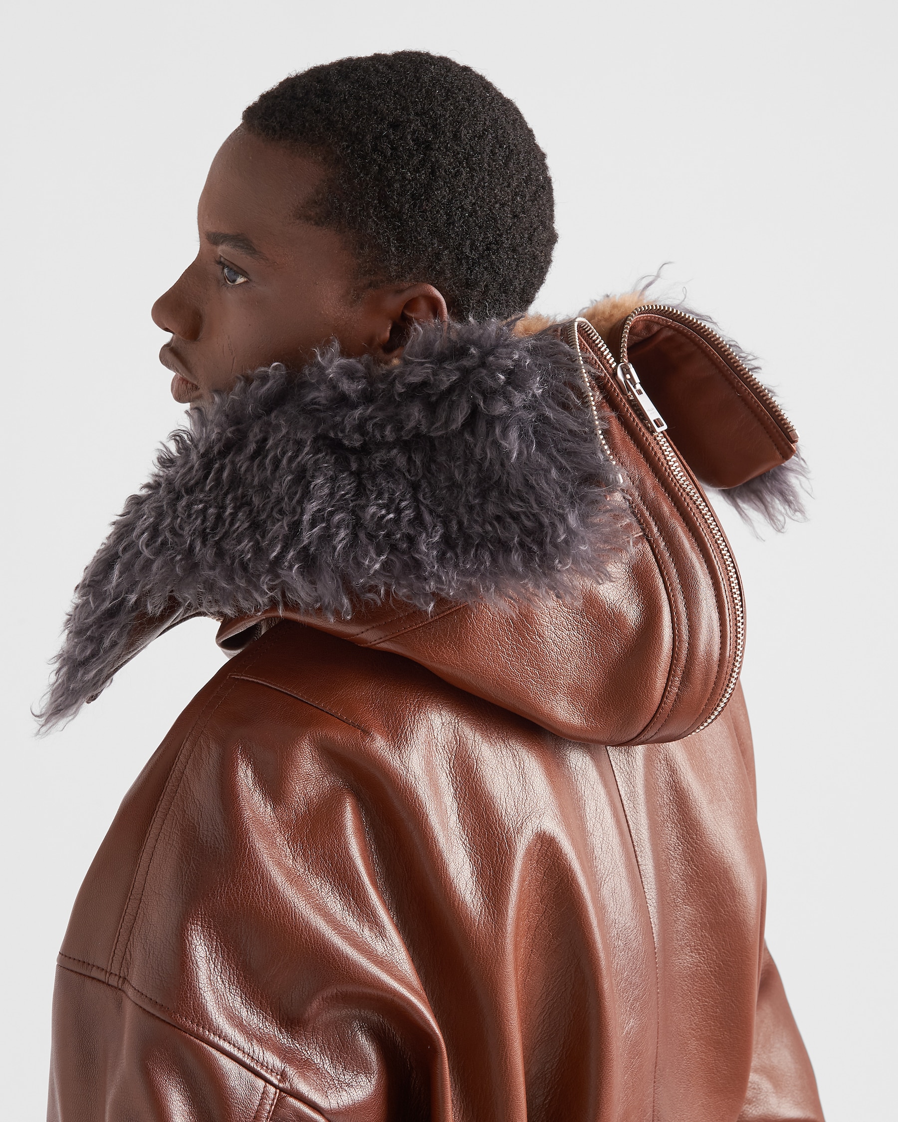 Tobacco Long Leather Bomber Jacket | PRADA