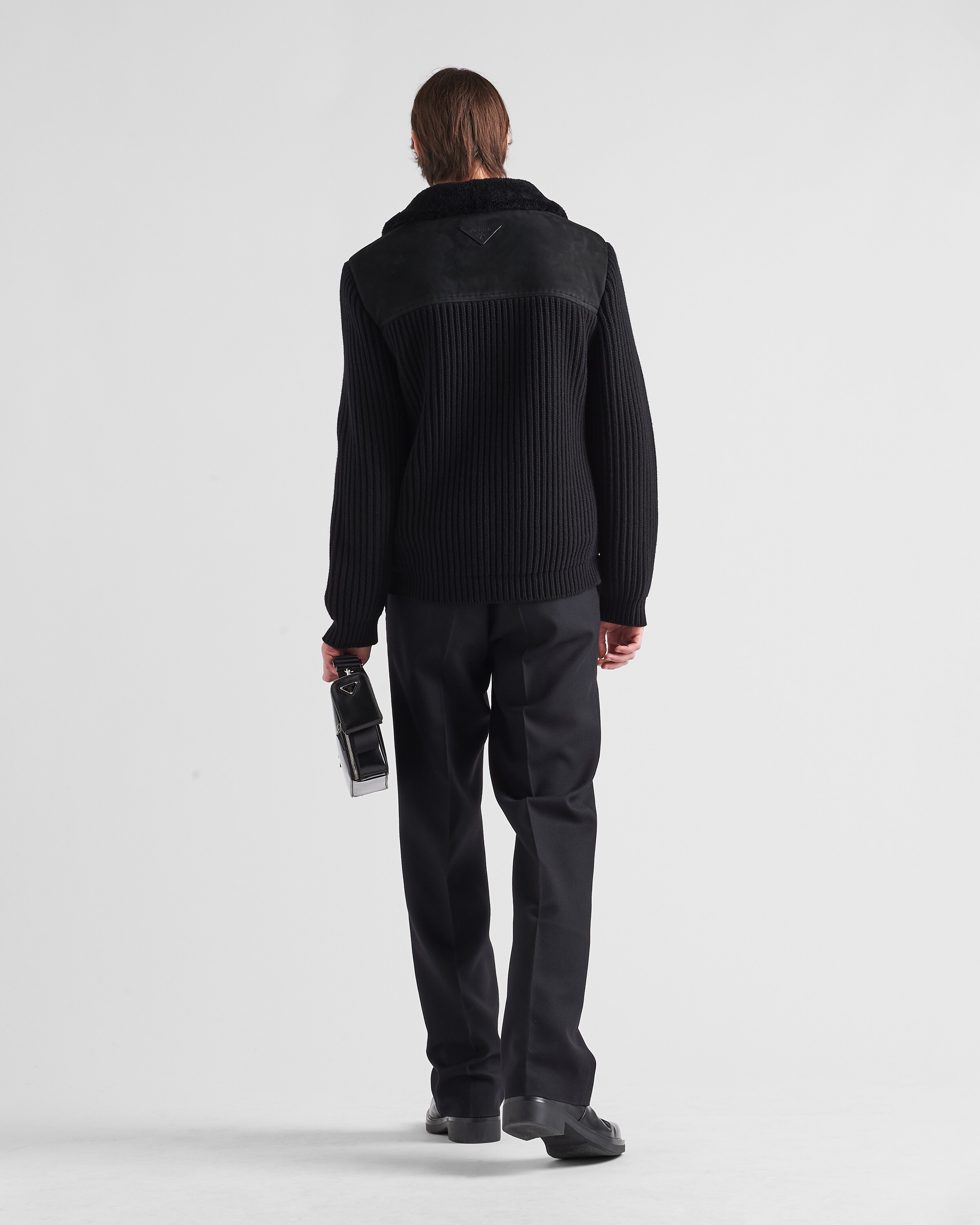 Black/black Shearling and knit jacket | Prada