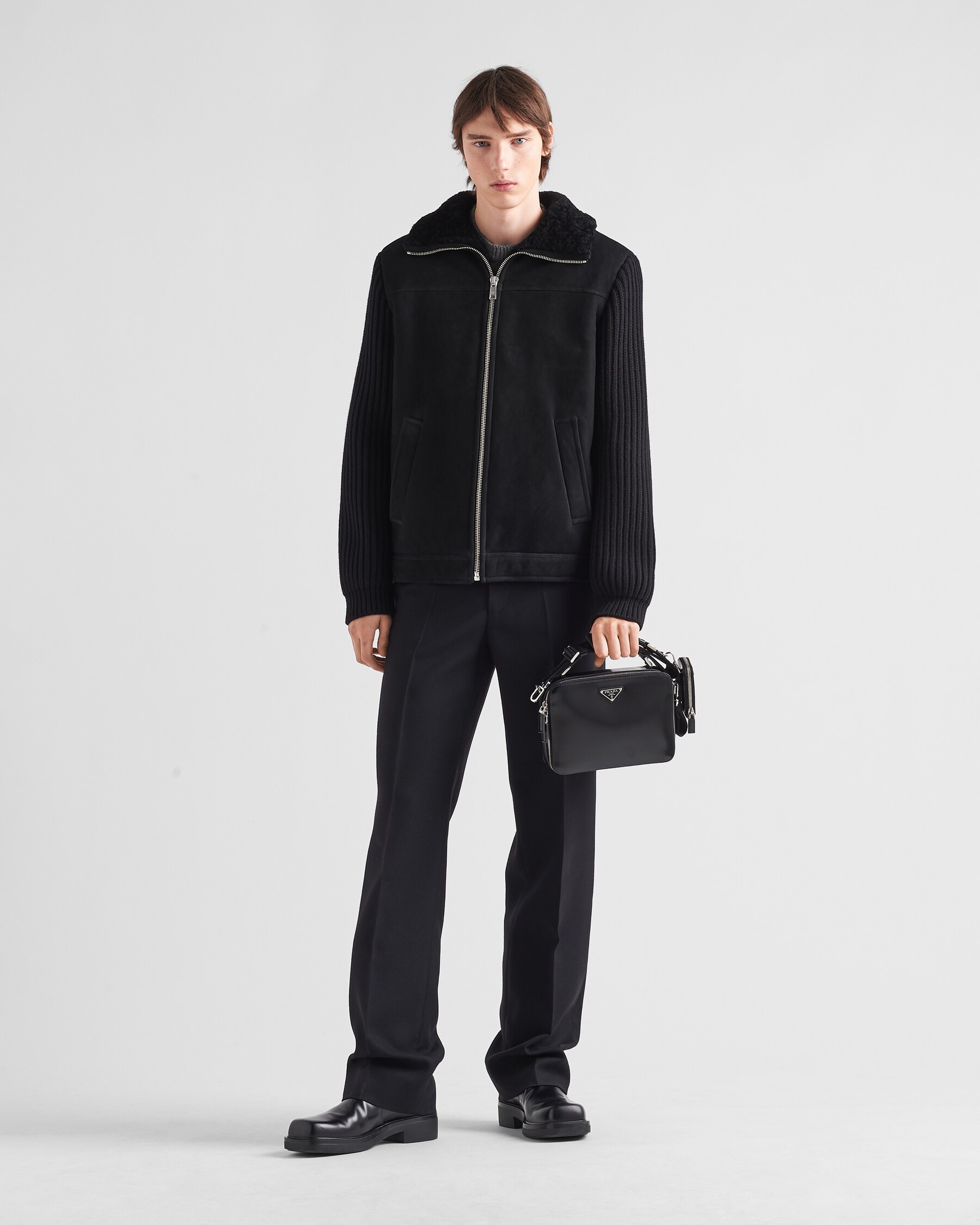 Black/black Shearling And Knit Jacket | PRADA