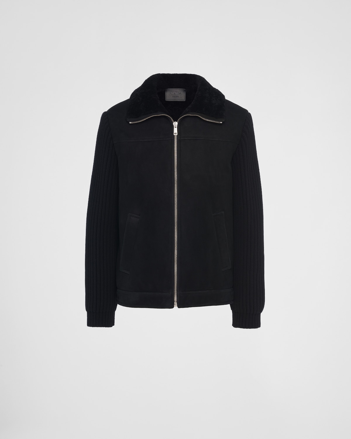 Black/black Shearling And Knit Jacket | PRADA