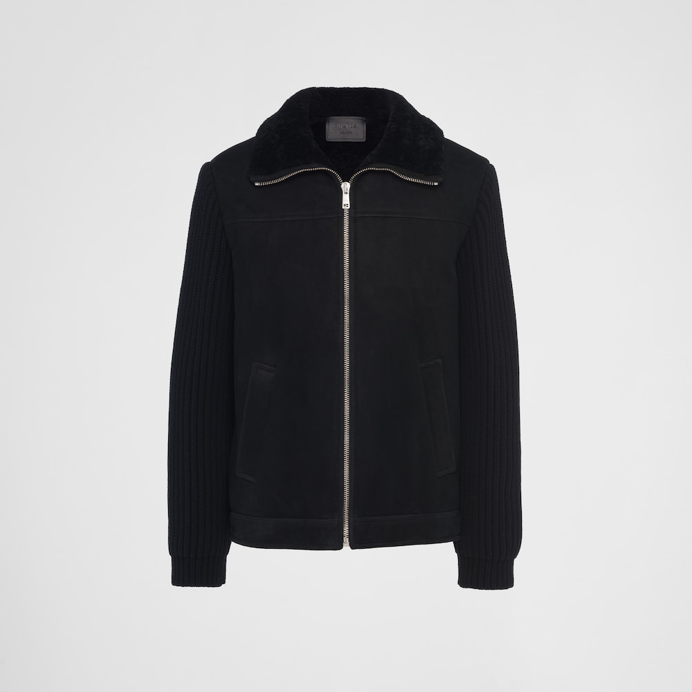 Black/black Shearling and knit jacket | Prada
