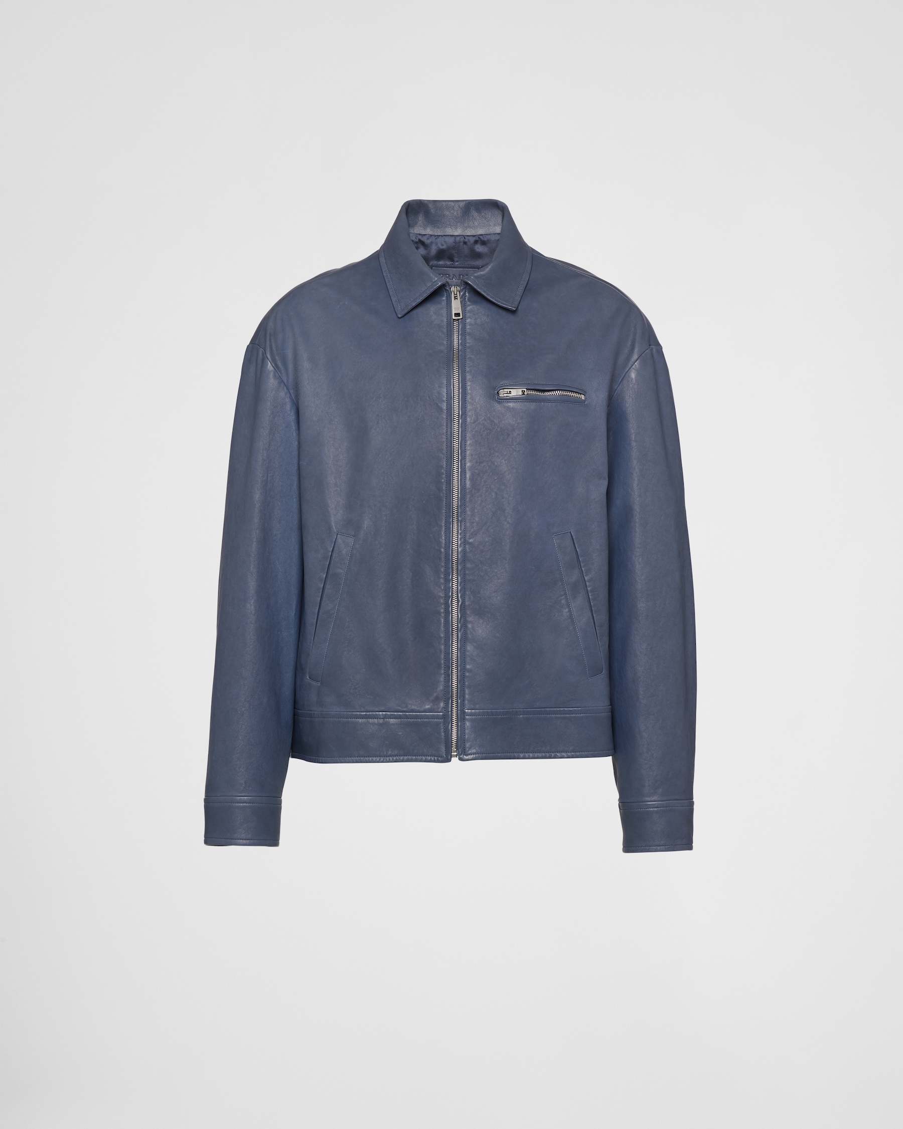 Aviation Blue Nappa Leather Zipper Blouson Jacket | PRADA