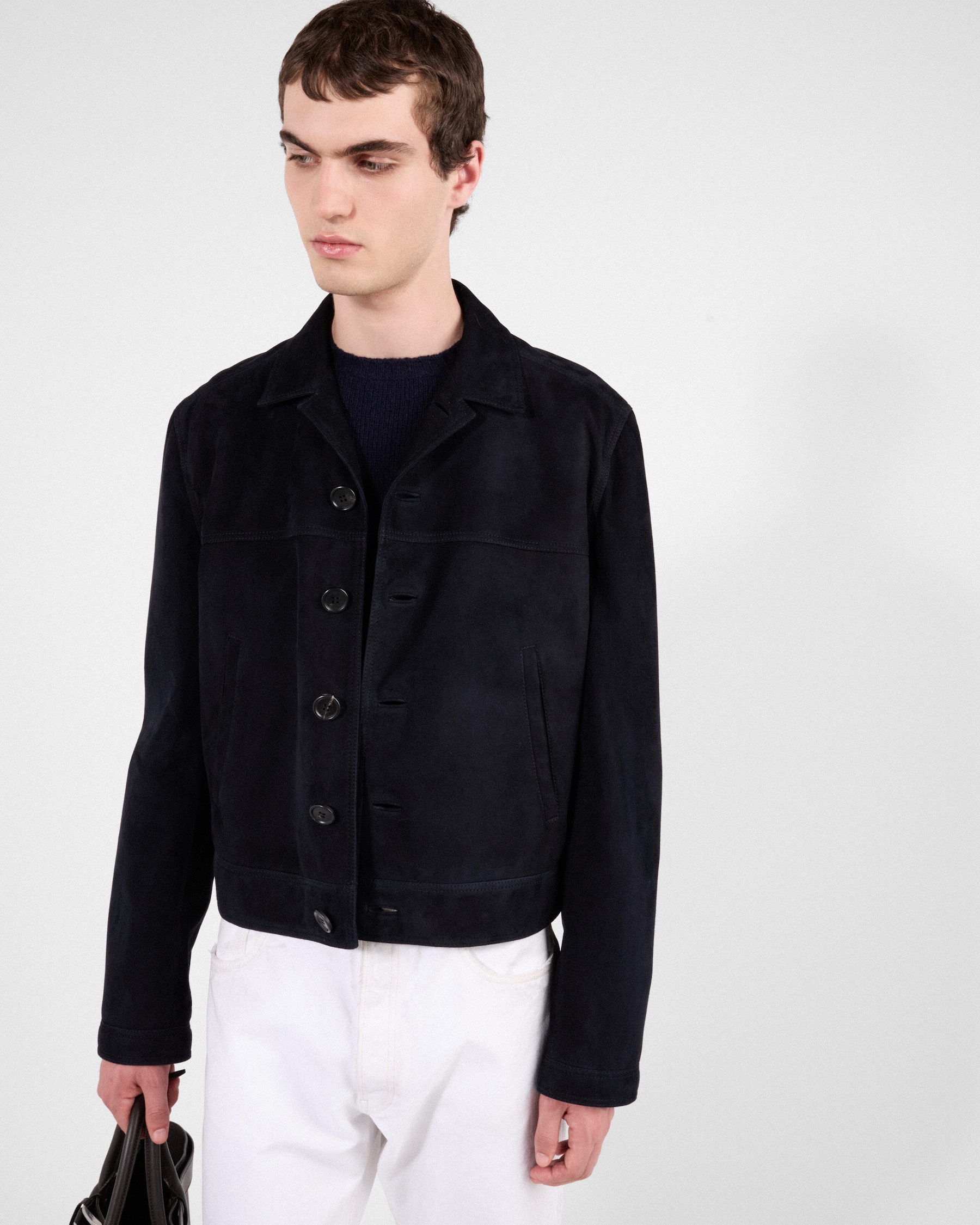 Navy Suede Blouson Jacket | PRADA