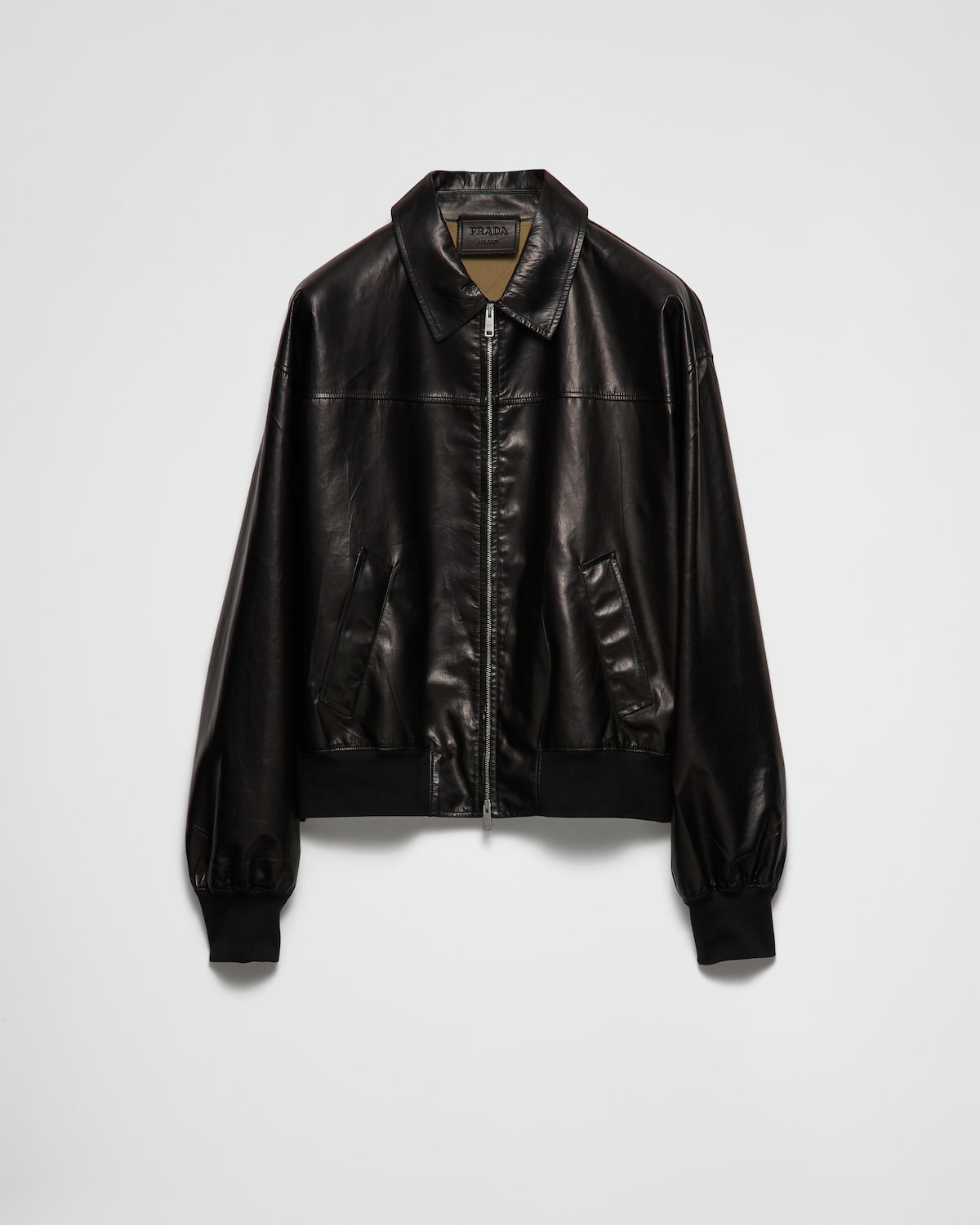 Black/sand Leather Bomber Jacket | PRADA - United Kingdom