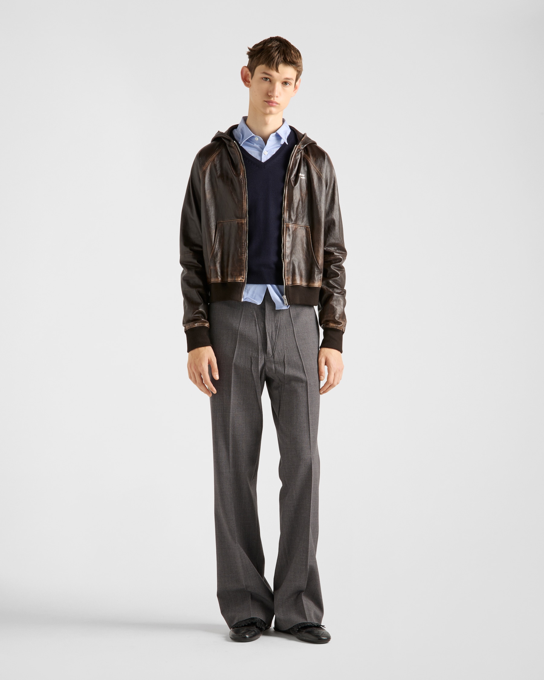 Dark Brown Nappa Leather Hoodie Jacket | PRADA