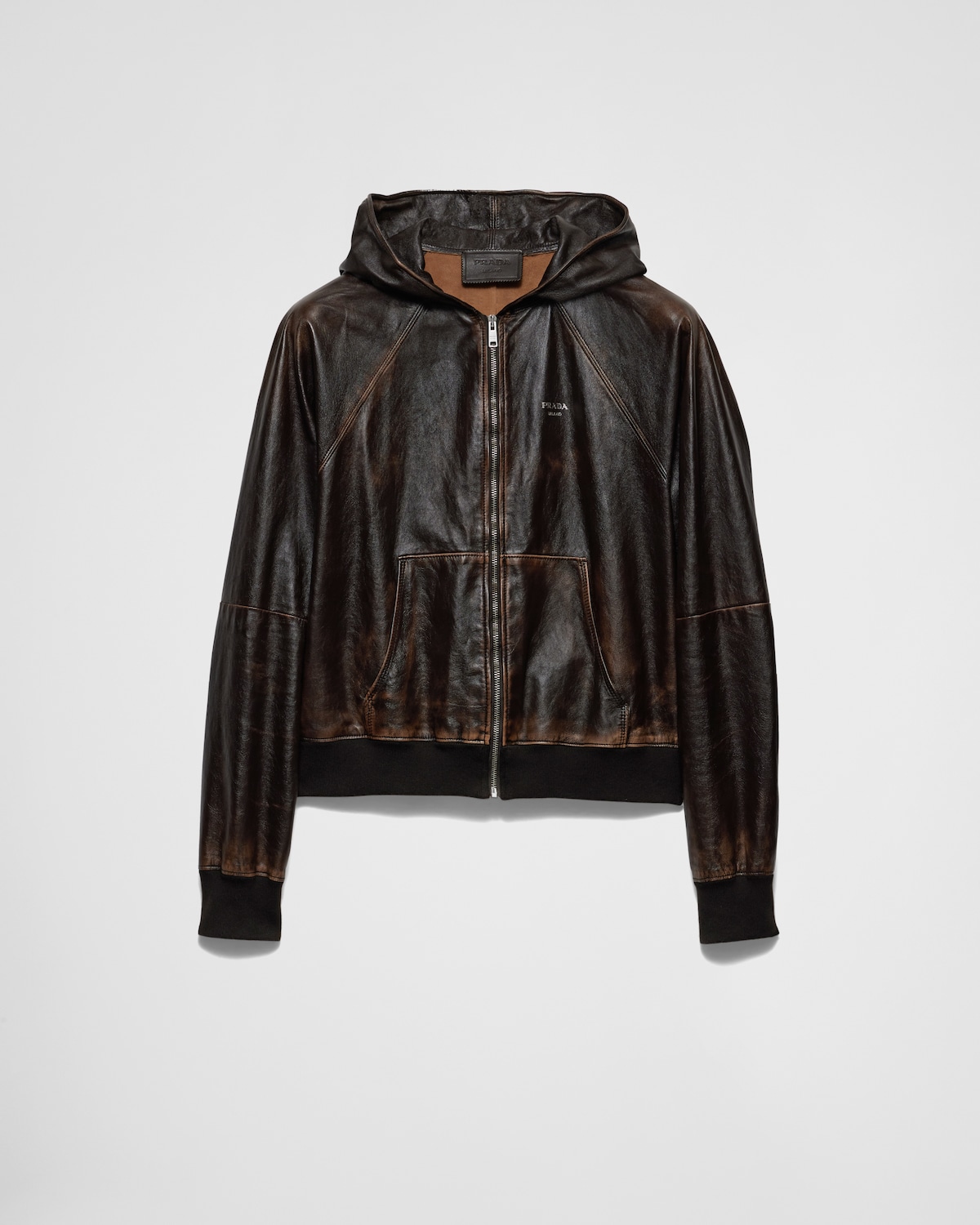 Dark Brown Nappa Leather Hoodie Jacket | PRADA