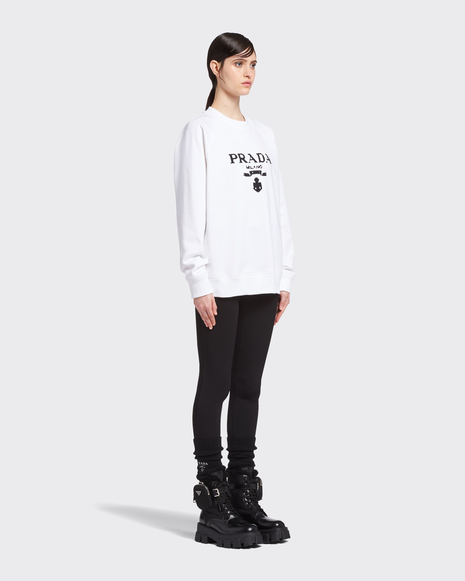 White/black Oversized Logo Print Jersey Sweatshirt | PRADA