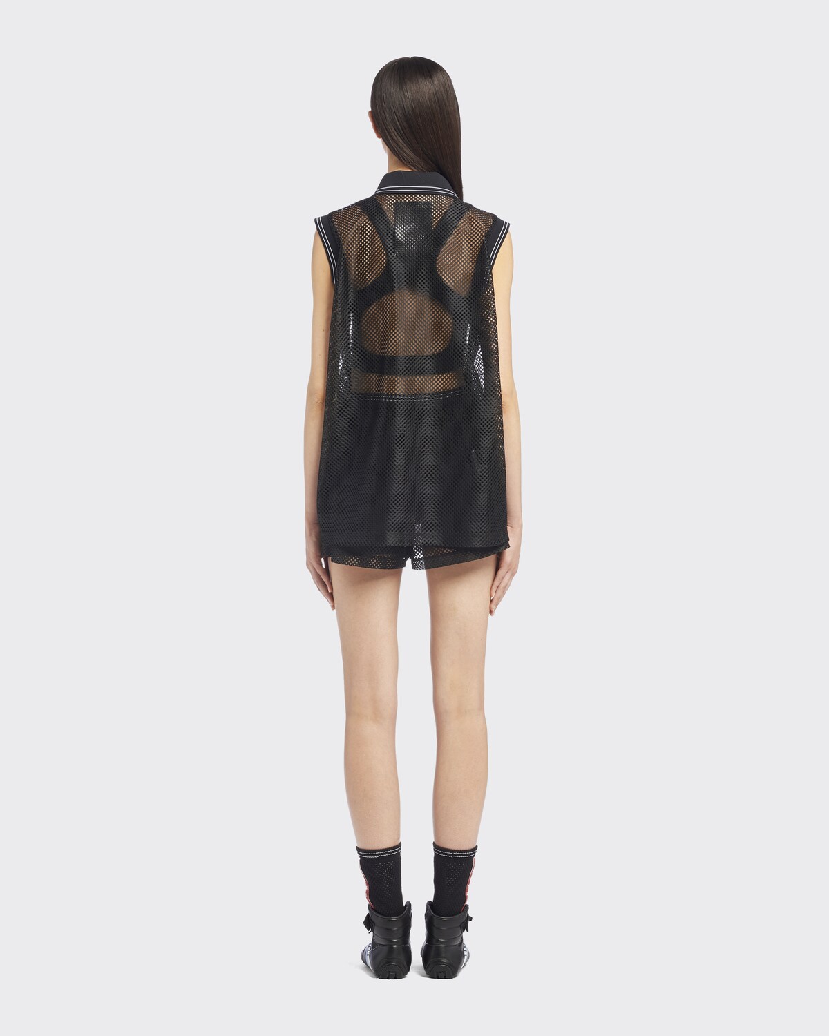 Black Sleeveless Mesh Polo Shirt | PRADA