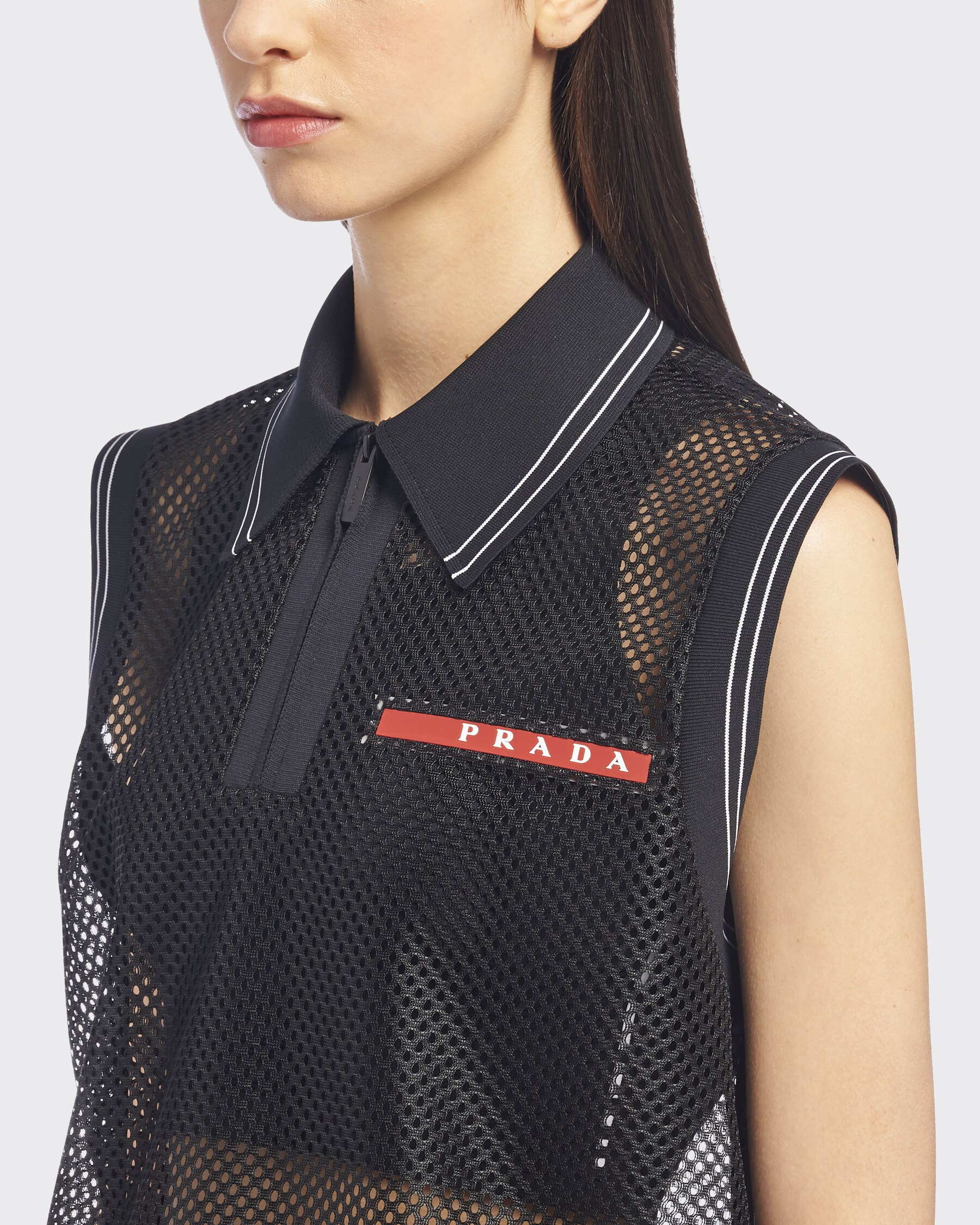 Black Sleeveless Mesh Polo Shirt | PRADA