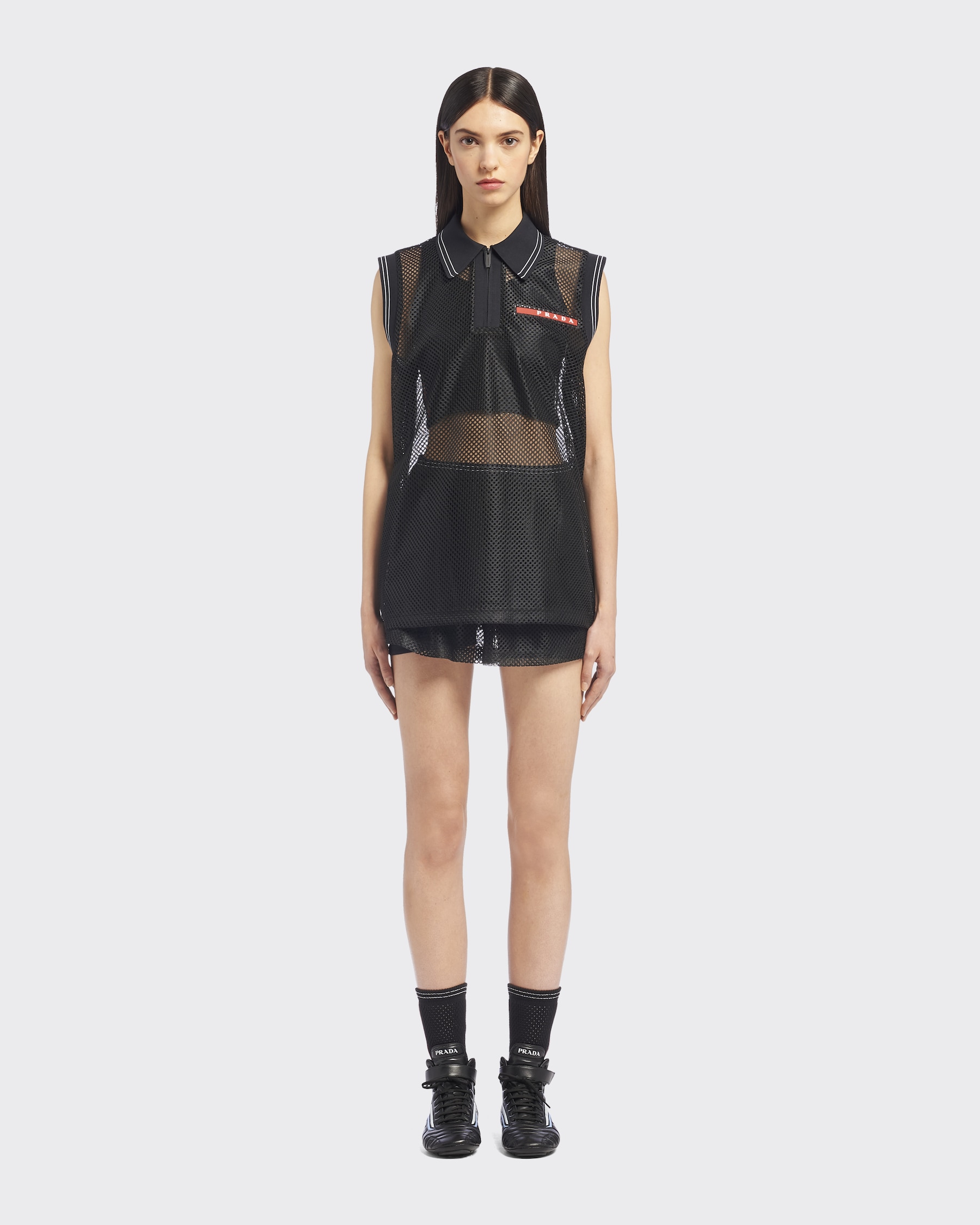 Black Sleeveless Mesh Polo Shirt | PRADA