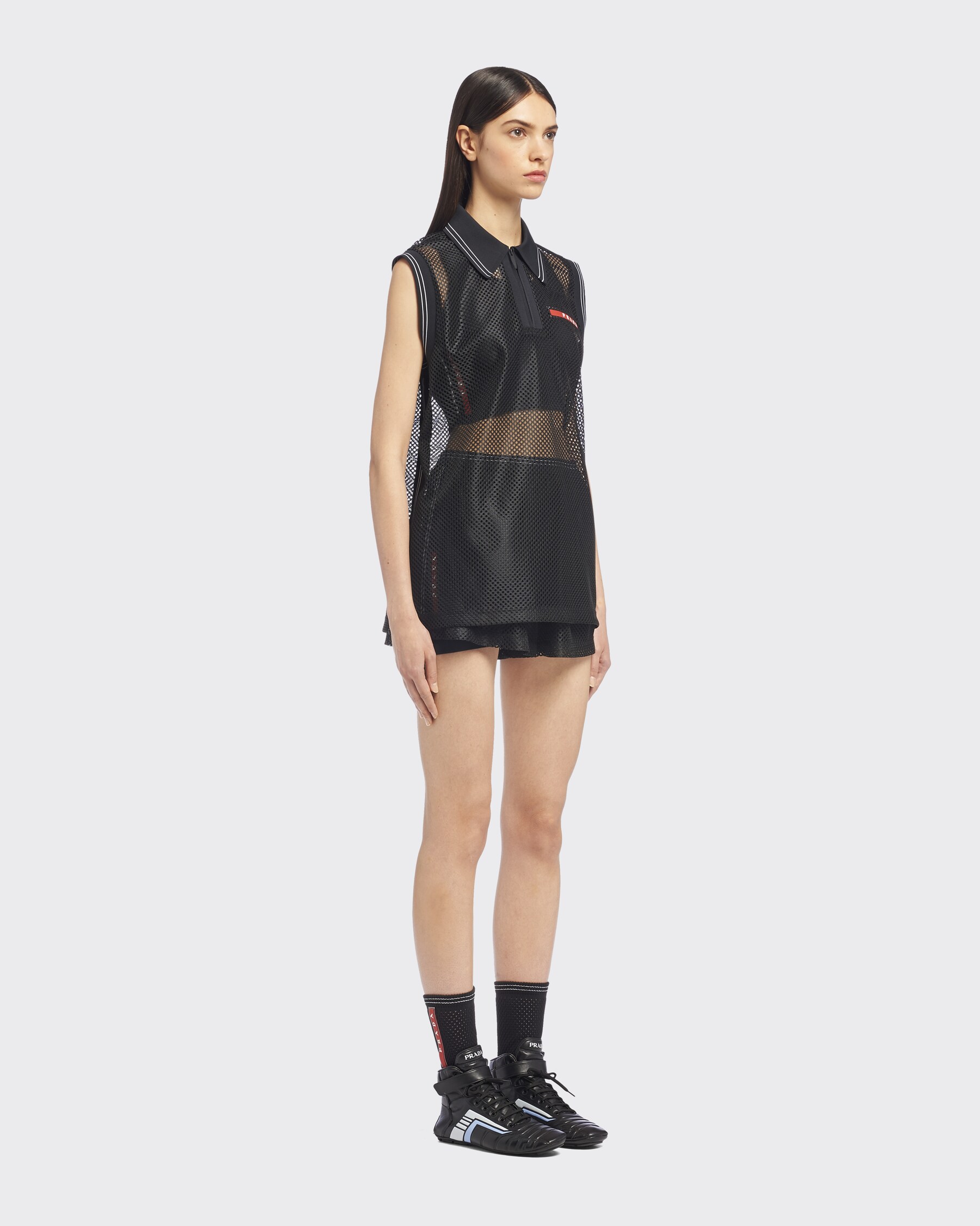 Black Sleeveless Mesh Polo Shirt | PRADA