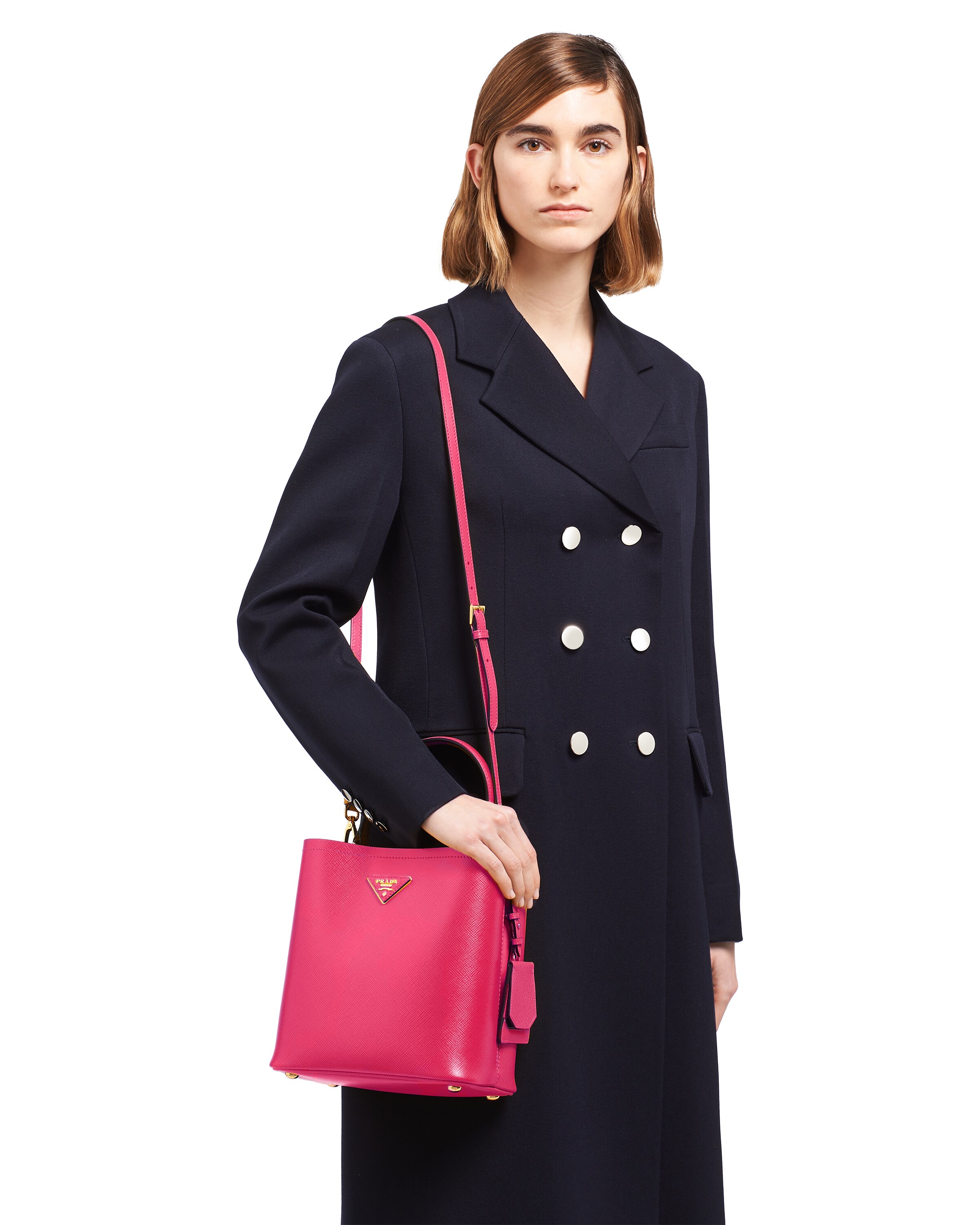 Magenta/black Medium Saffiano Leather Prada Panier Bag | Prada